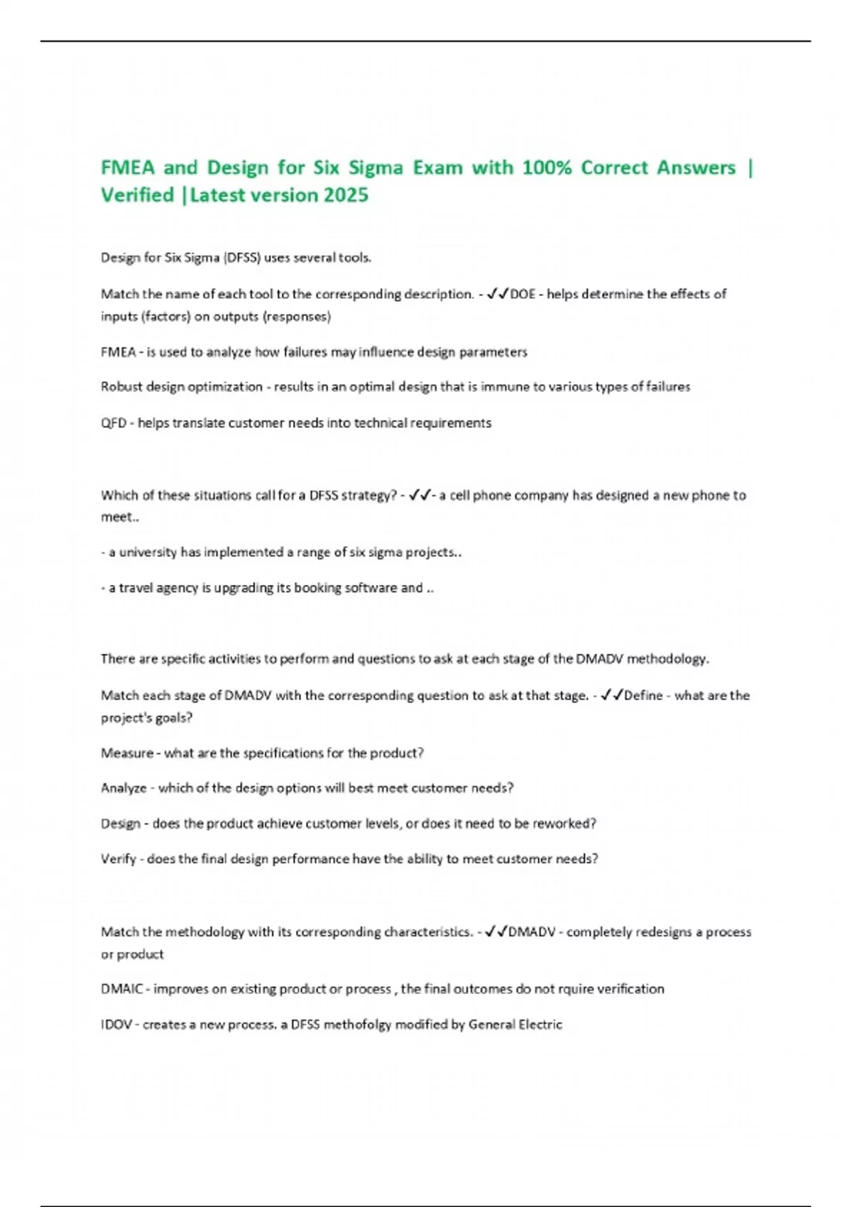 FMEA and Design for Six Sigma Exam with 100% Correct Answers | Verified ...