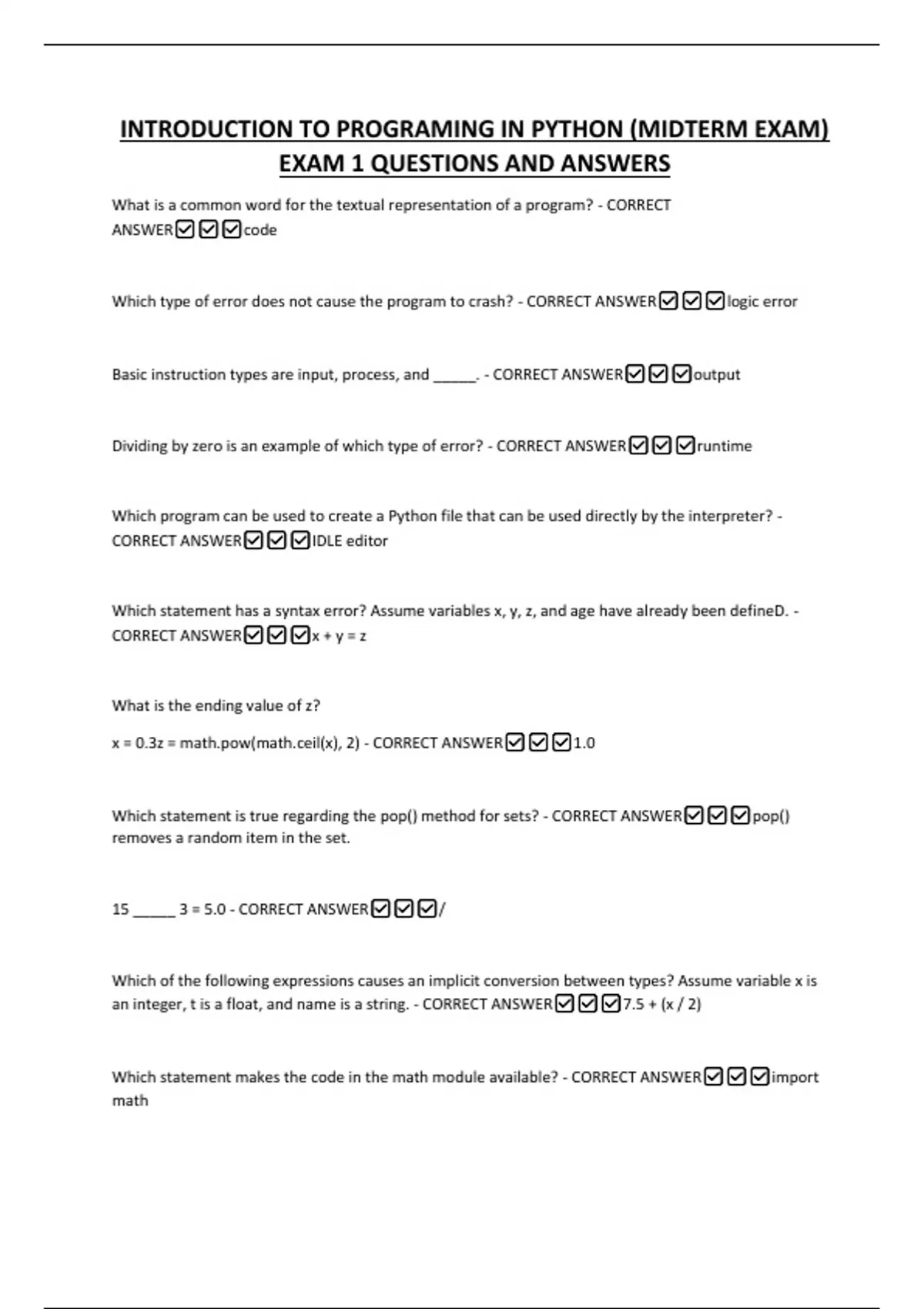 INTRODUCTION TO PROGRAMING IN PYTHON (MIDTERM EXAM) EXAM 1 QUESTIONS AND - INTRODUCTION TO ...