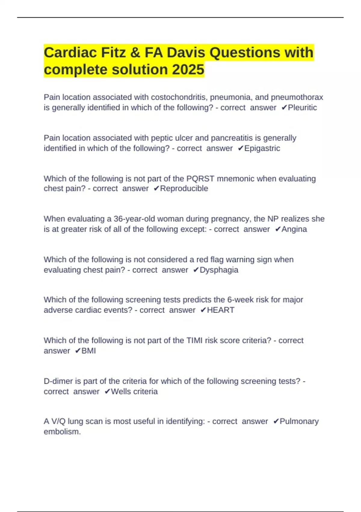 Cardiac Fitz & FA Davis Questions with complete solution 2025 - Cardiac Fitz & FA Davis - Stuvia US