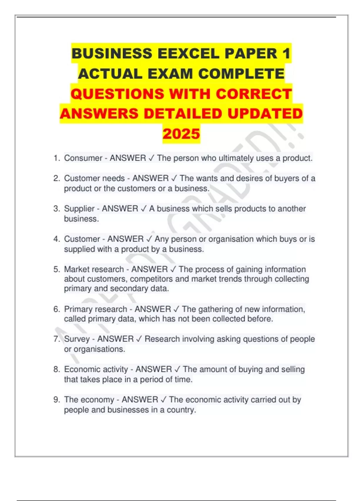 BUSINESS EEXCEL PAPER 1 ACTUAL EXAM COMPLETE QUESTIONS WITH CORRECT ...