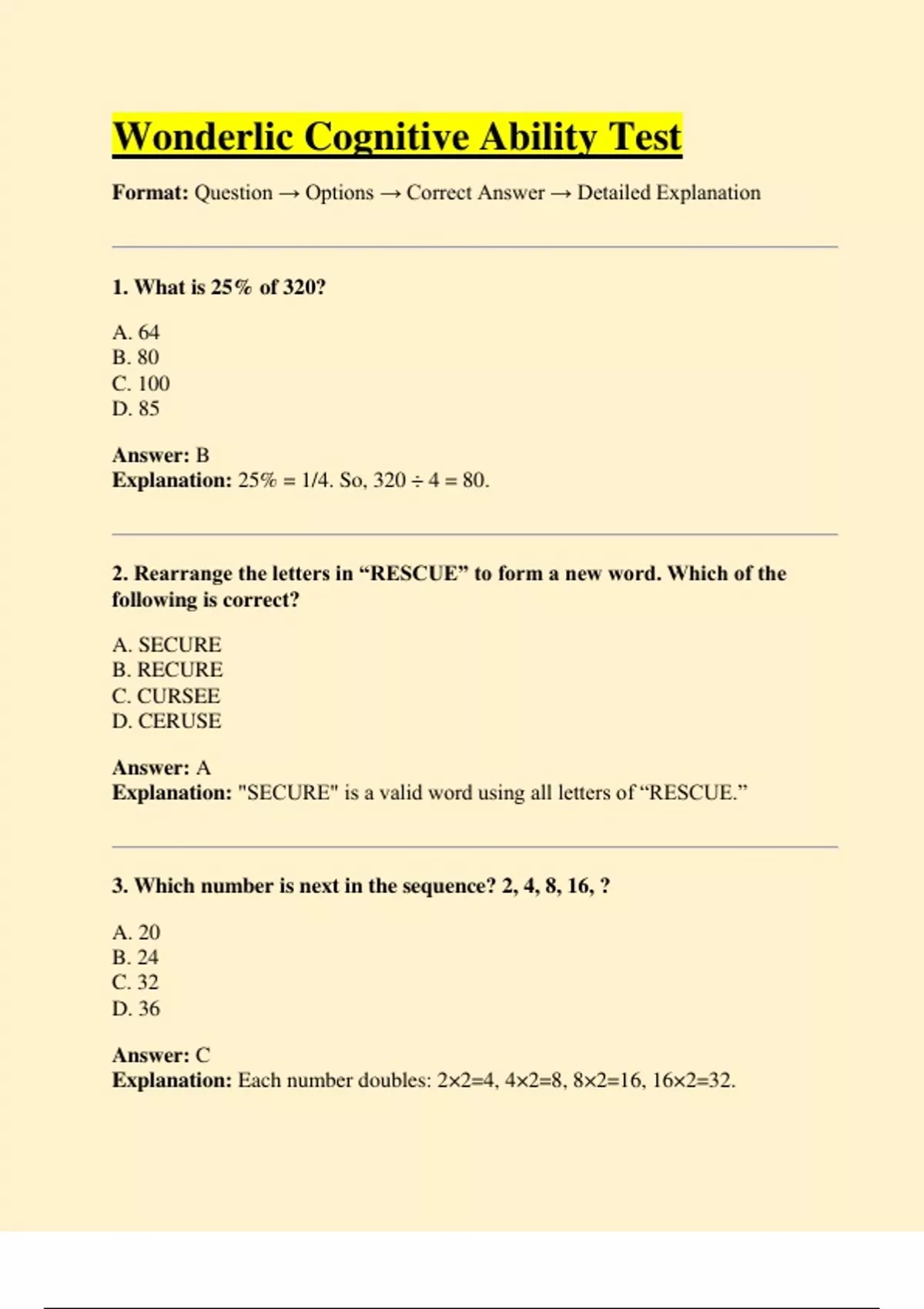 Wonderlic Cognitive Ability Test – Full Set of 100 Practice Questions ...