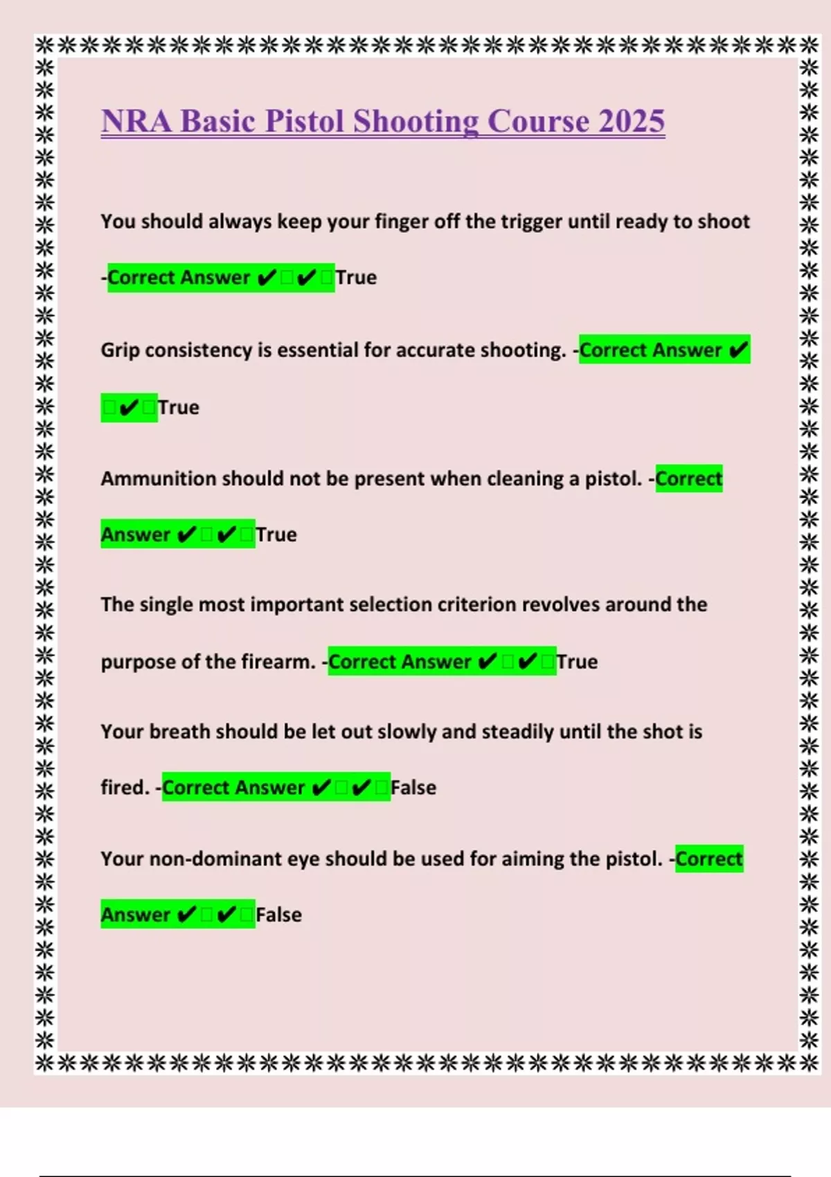 NRA Basic Pistol Shooting Course 2025 Test Exam Questions - NRA - Stuvia US