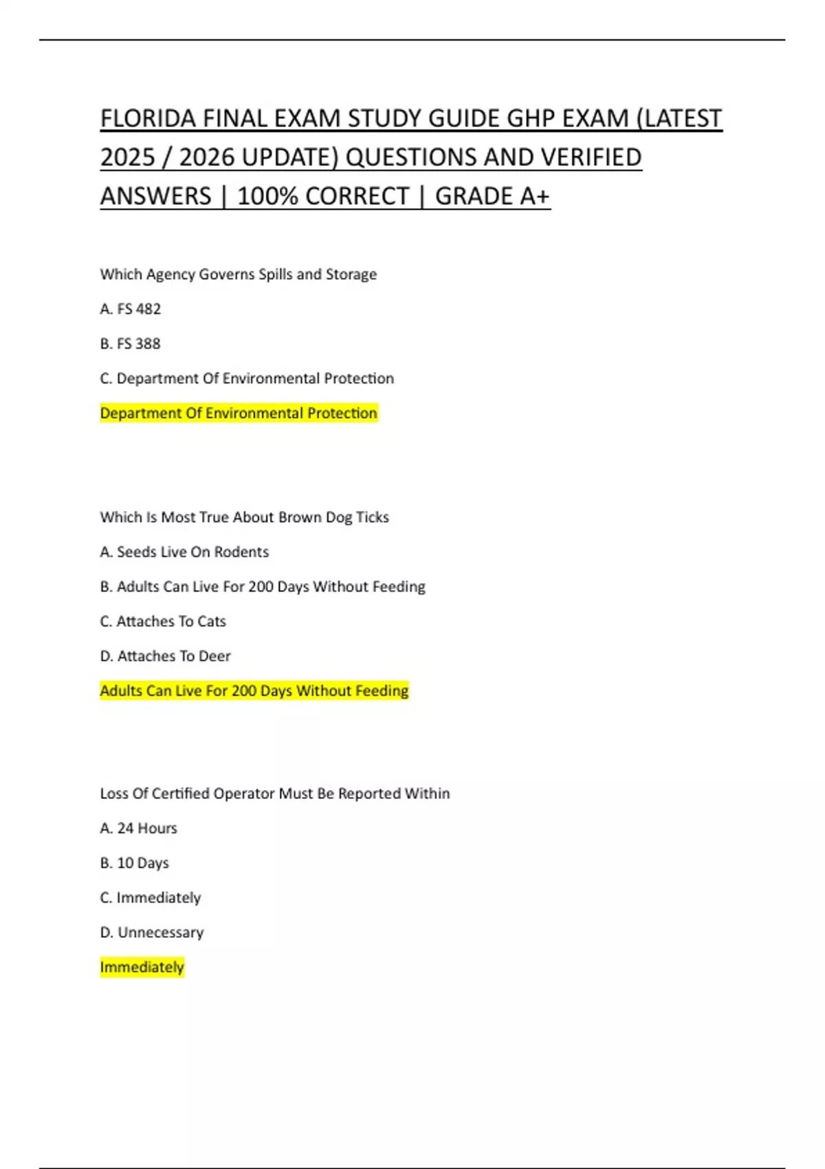 Florida Final Exam Study Guide GHP Exam (Latest 2025 / 2026 Update ...