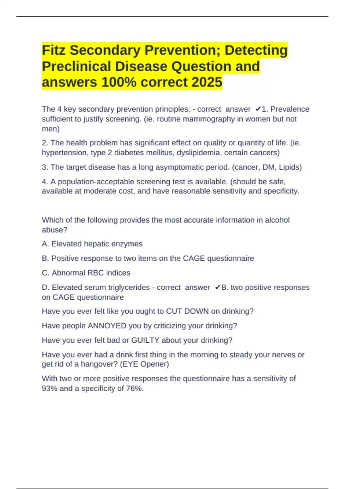 Fitz Secondary Prevention; Detecting Preclinical Disease Question and ...