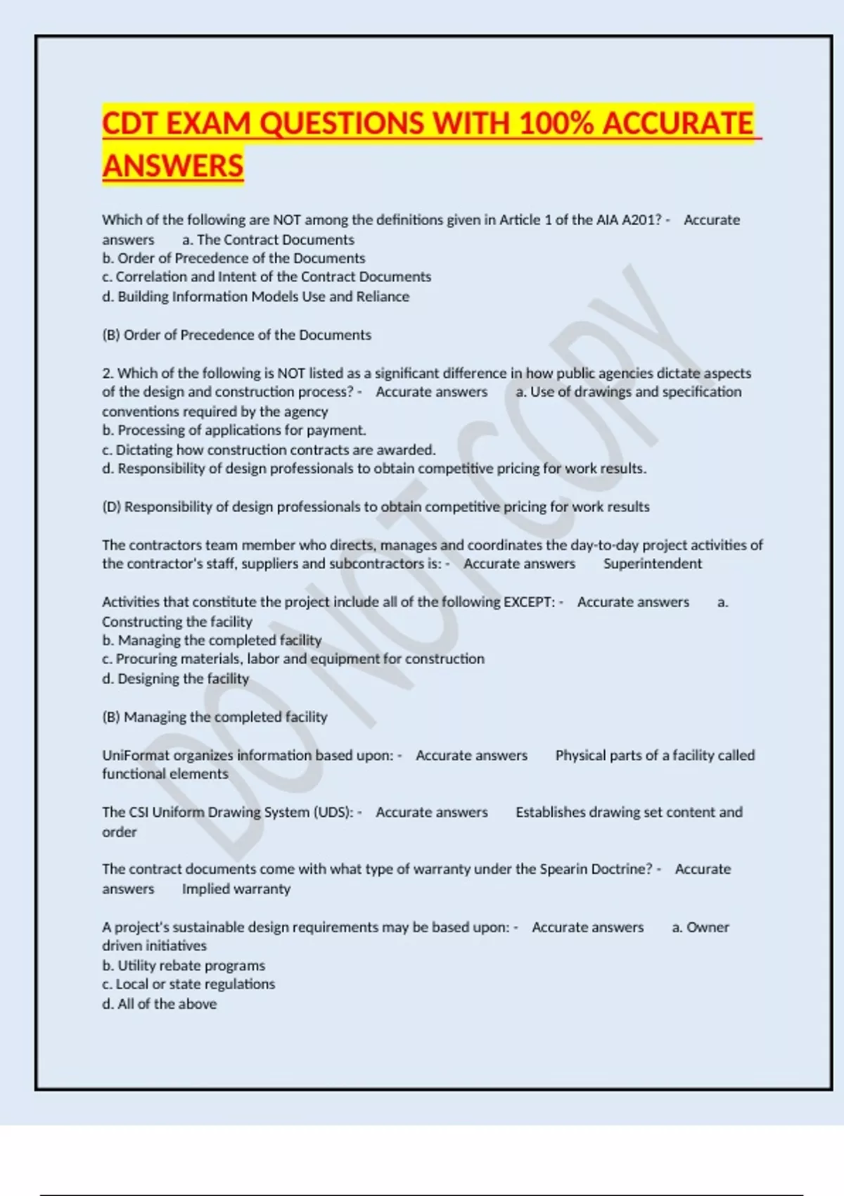 CDT Exam – Construction Documents Technologist – 2024/2025 – Questions ...