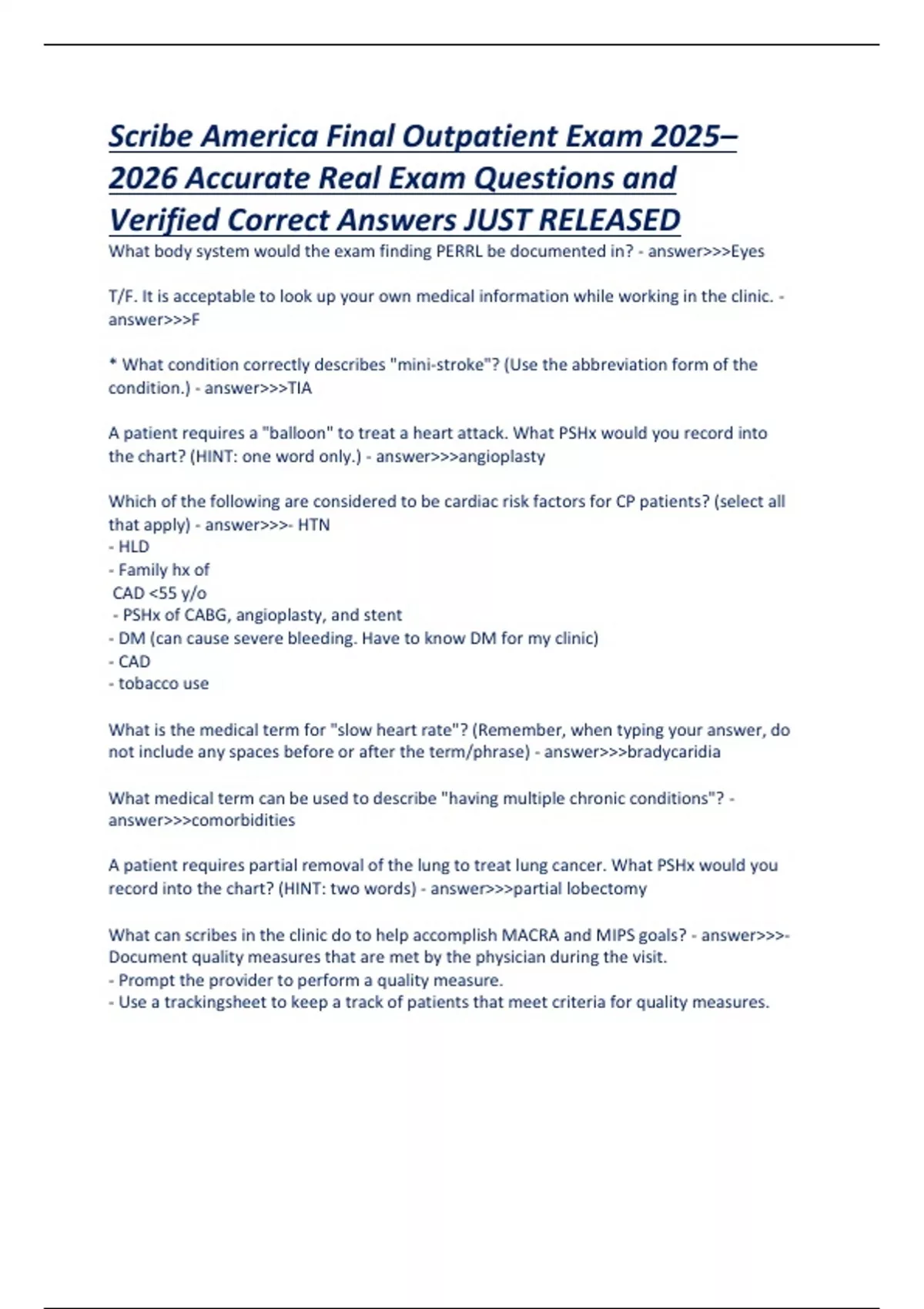 Scribe America Final Outpatient Exam 2025 2026 Medical Scribes Accurate