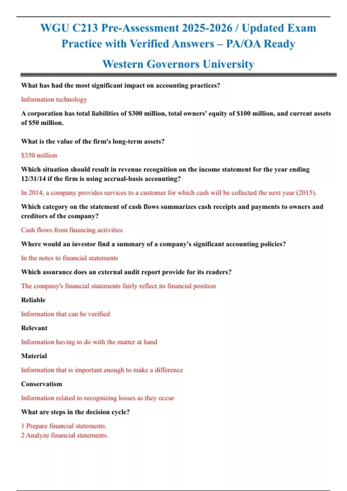 WGU C213 Pre-Assessment / Updated Exam Practice with Verified Answers ...