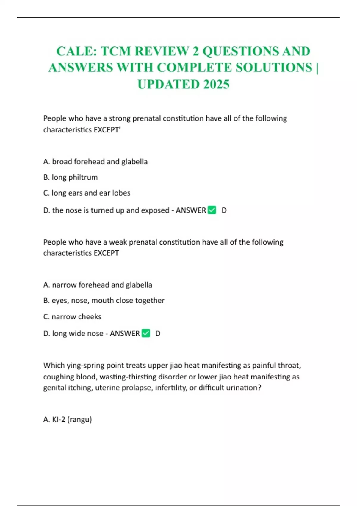 CALE: TCM REVIEW 2 QUESTIONS AND ANSWERS WITH COMPLETE SOLUTIONS ...
