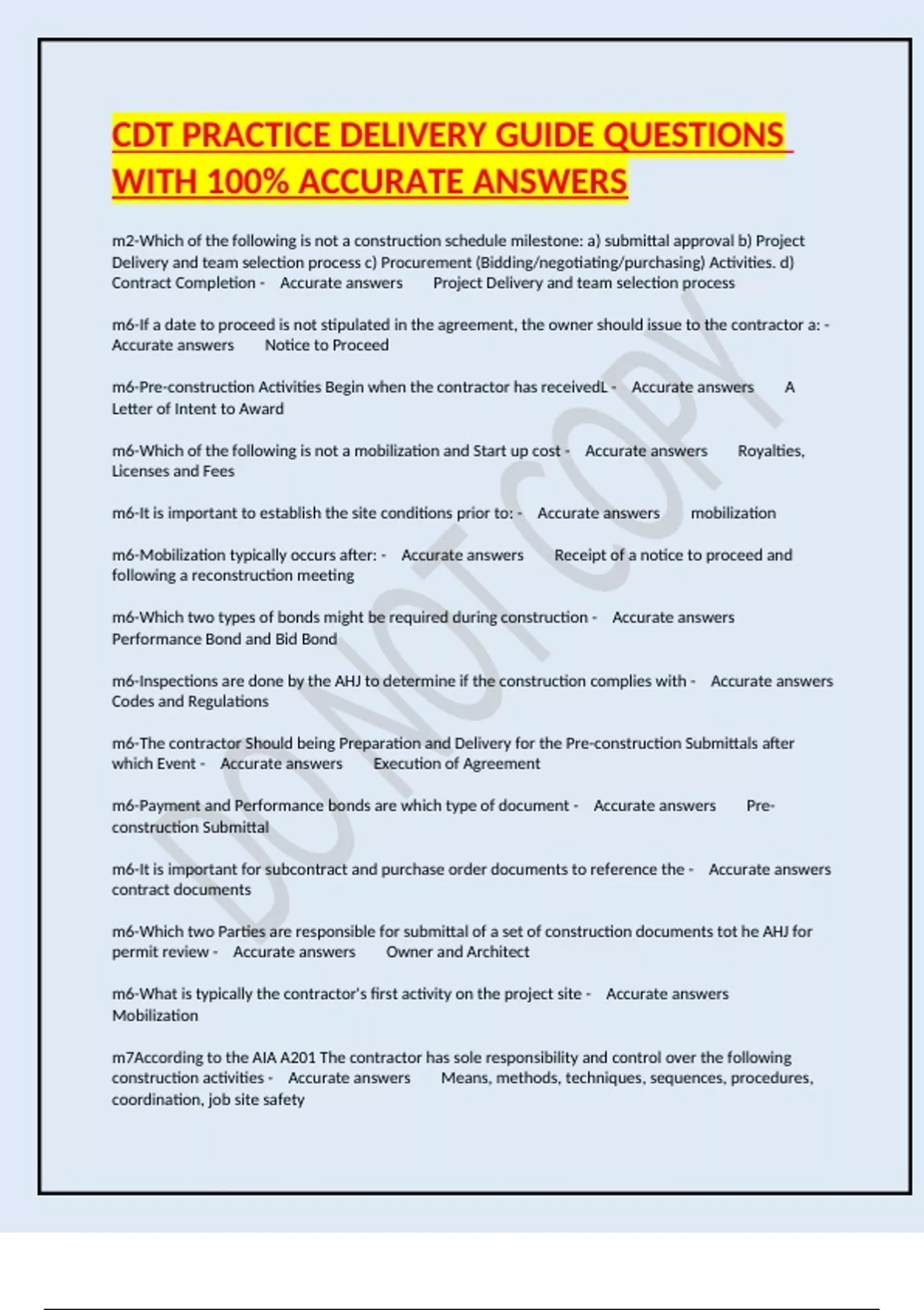 CDT Practice Delivery Guide – Construction Documents Technologist – 2024/2025 – Questions with ...