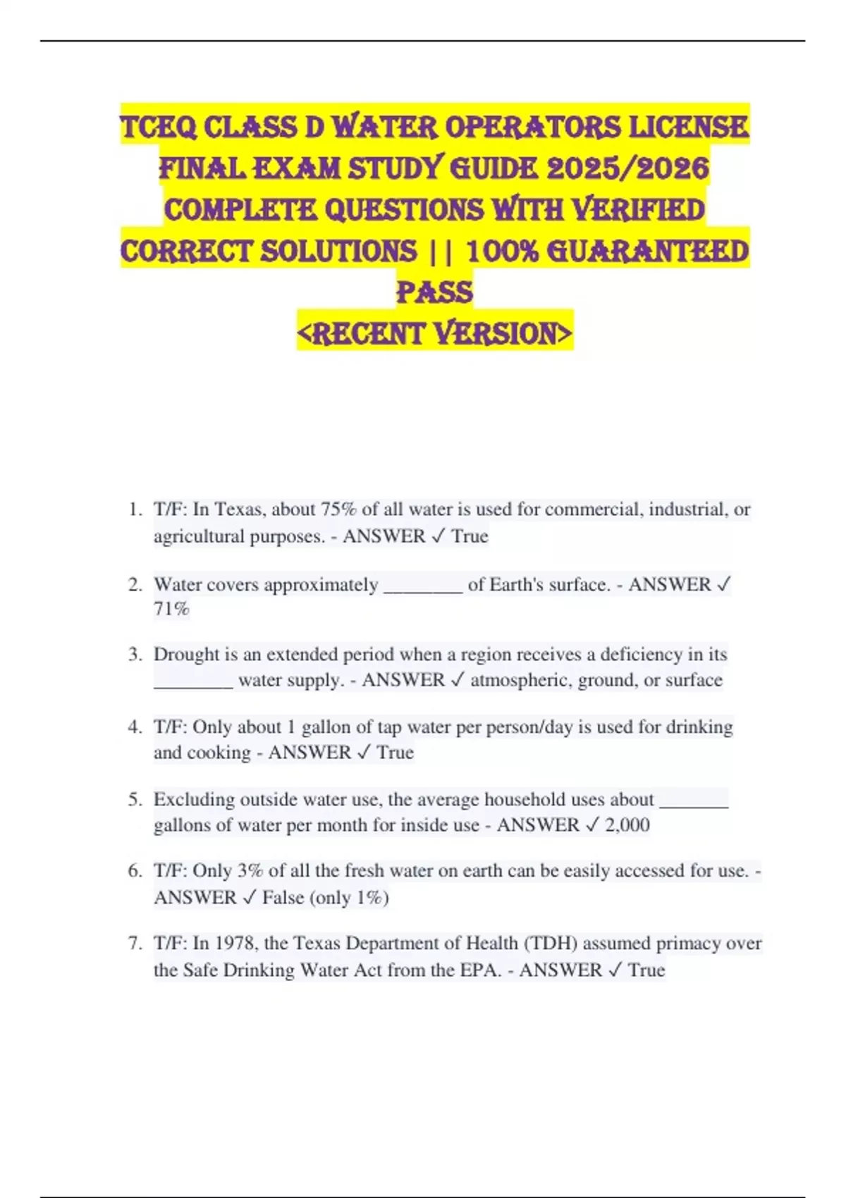 TCEQ Class D Water Operators License FINAL EXAM STUDY GUIDE 2025/2026 ...
