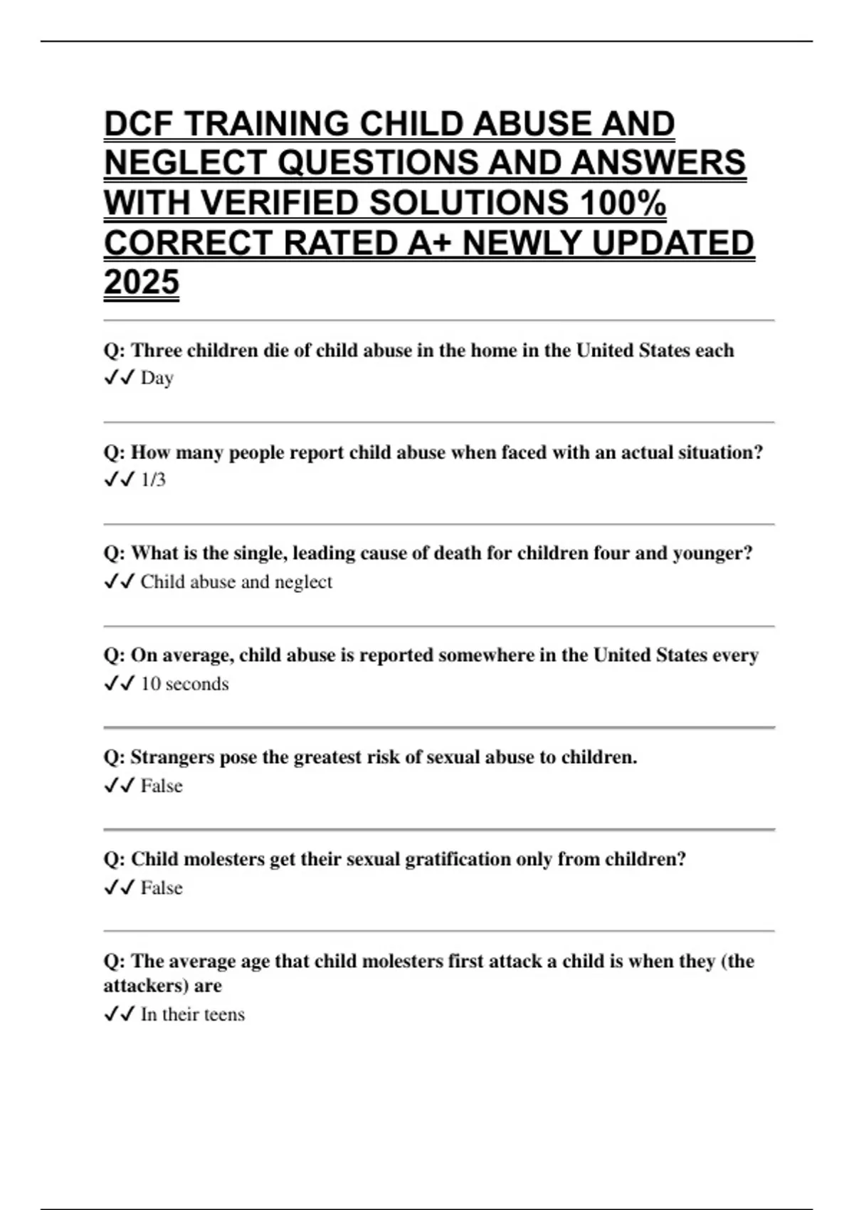 DCF TRAINING CHILD ABUSE AND NEGLECT QUESTIONS AND ANSWERS WITH ...
