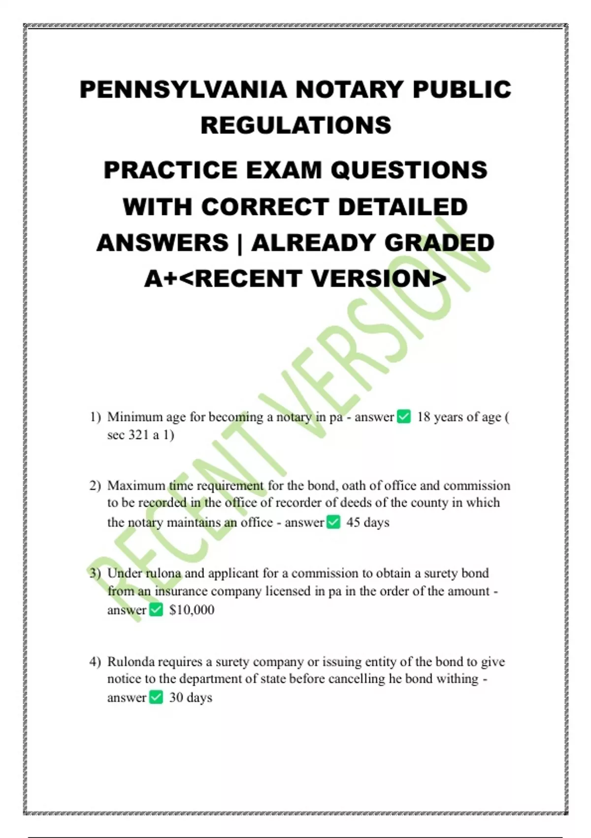 PENNSYLVANIA NOTARY PUBLIC REGULATIONS PRACTICE EXAM QUESTIONS WITH ...