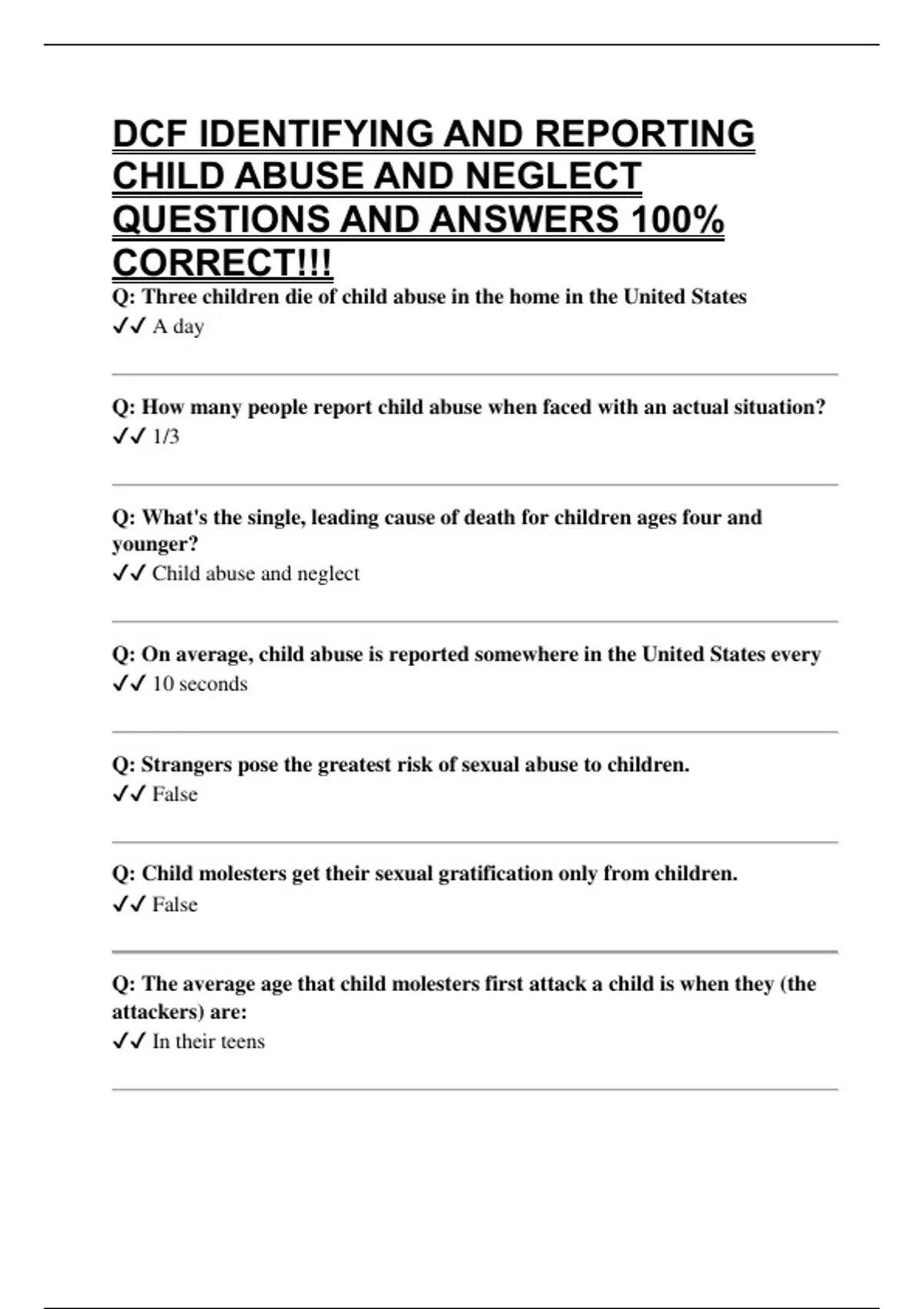 DCF IDENTIFYING AND REPORTING CHILD ABUSE AND NEGLECT QUESTIONS AND ...