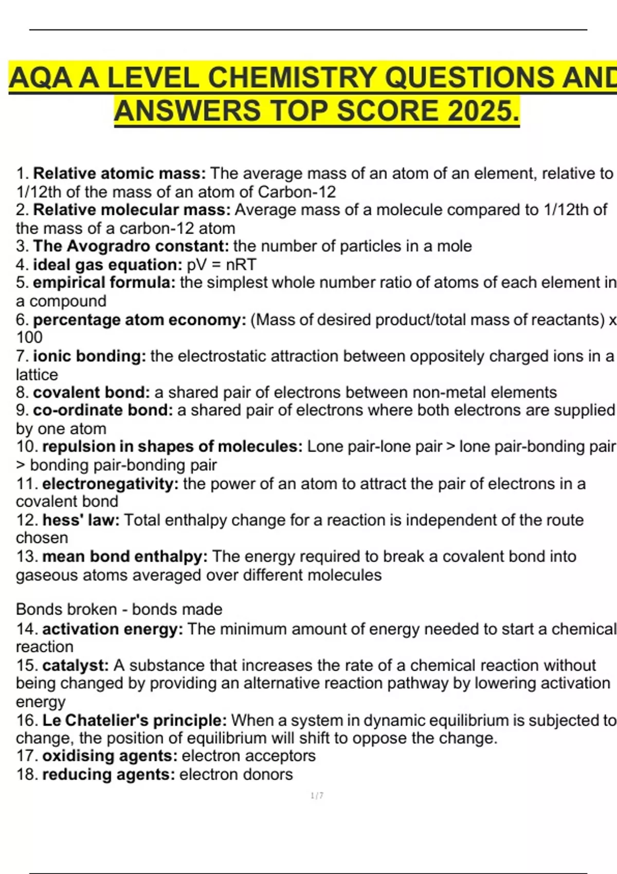AQA A LEVEL CHEMISTRY QUESTIONS AND ANSWERS TOP SCORE 2025. - AQA A ...
