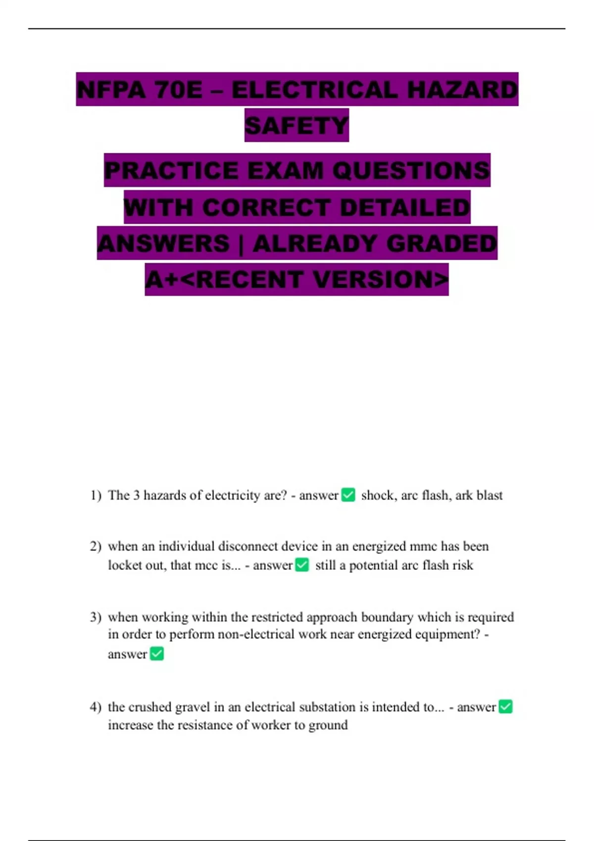 NFPA 70E – ELECTRICAL HAZARD SAFETY PRACTICE EXAM QUESTIONS WITH ...