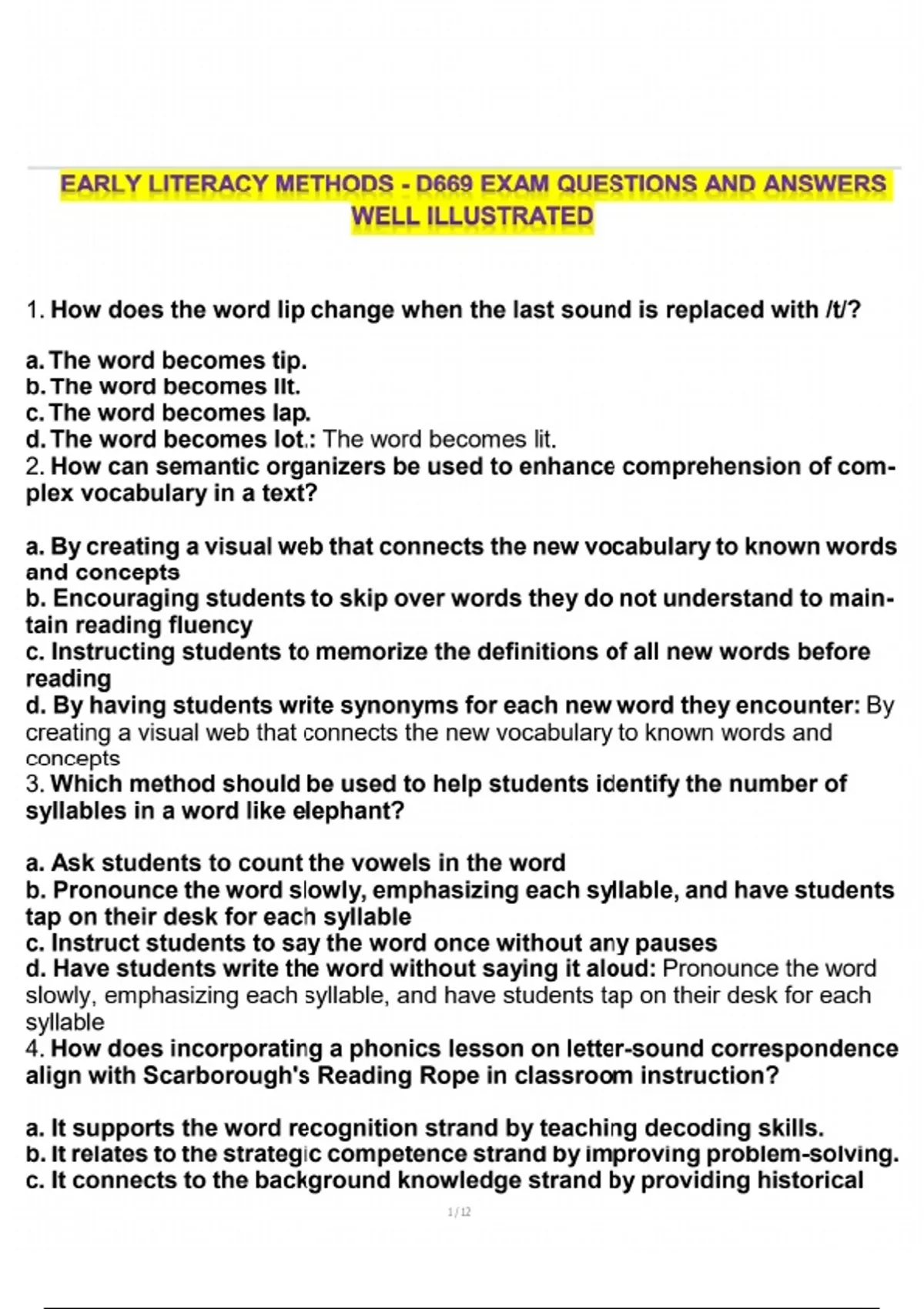 EARLY LITERACY METHODS - D669 EXAM QUESTIONS AND ANSWERS WELL ...