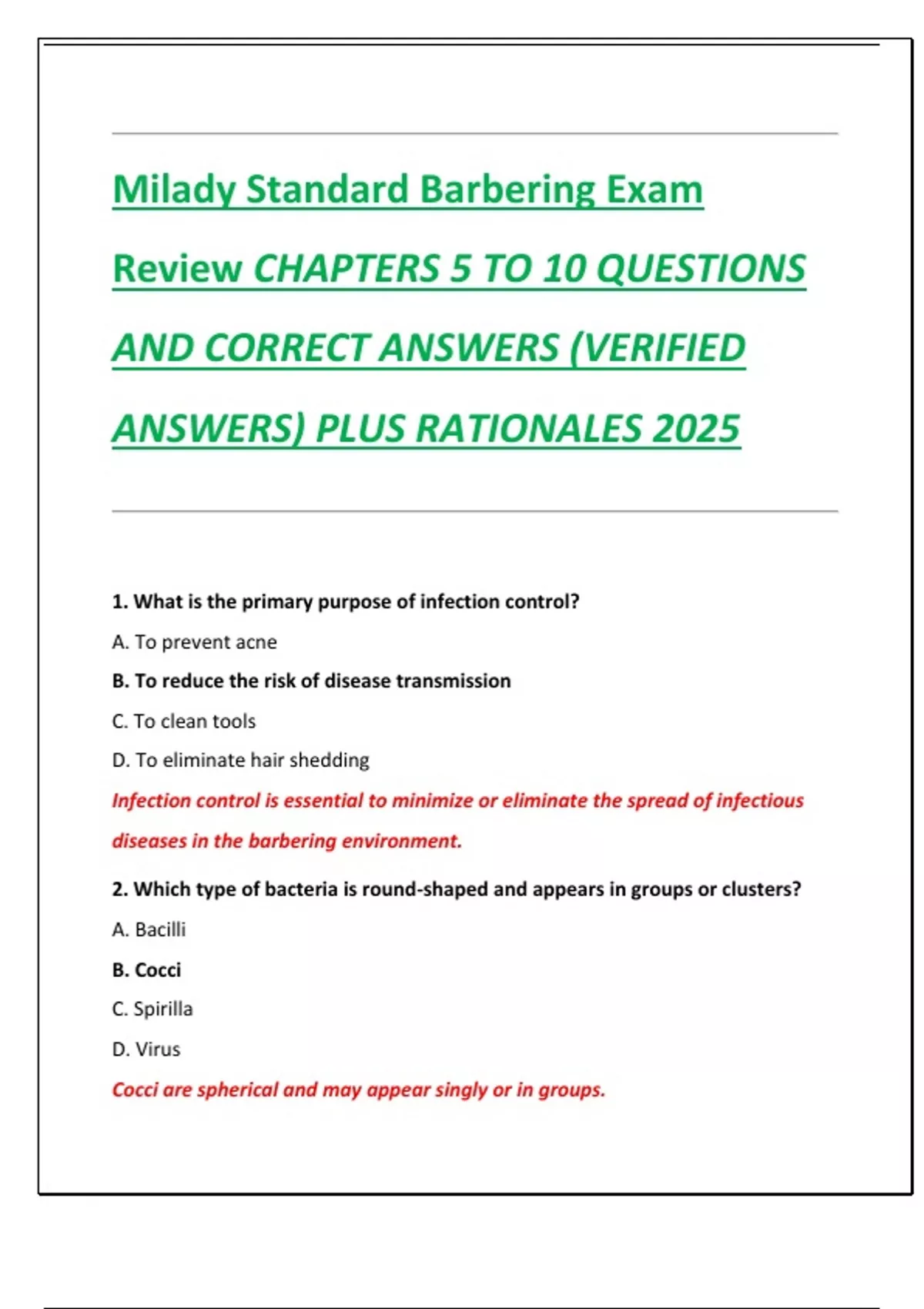 Milady Standard Barbering Exam Review CHAPTERS 5 TO 10 QUESTIONS AND ...