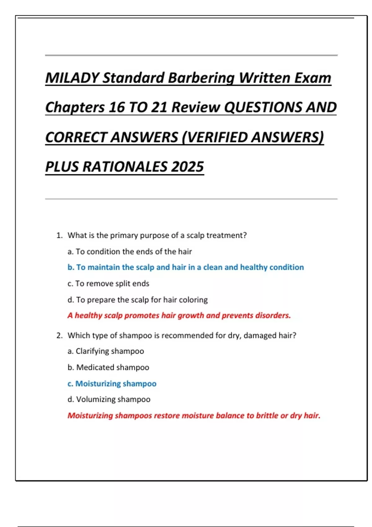 MILADY Standard Barbering Written Exam Chapters 16 TO 21 Review ...
