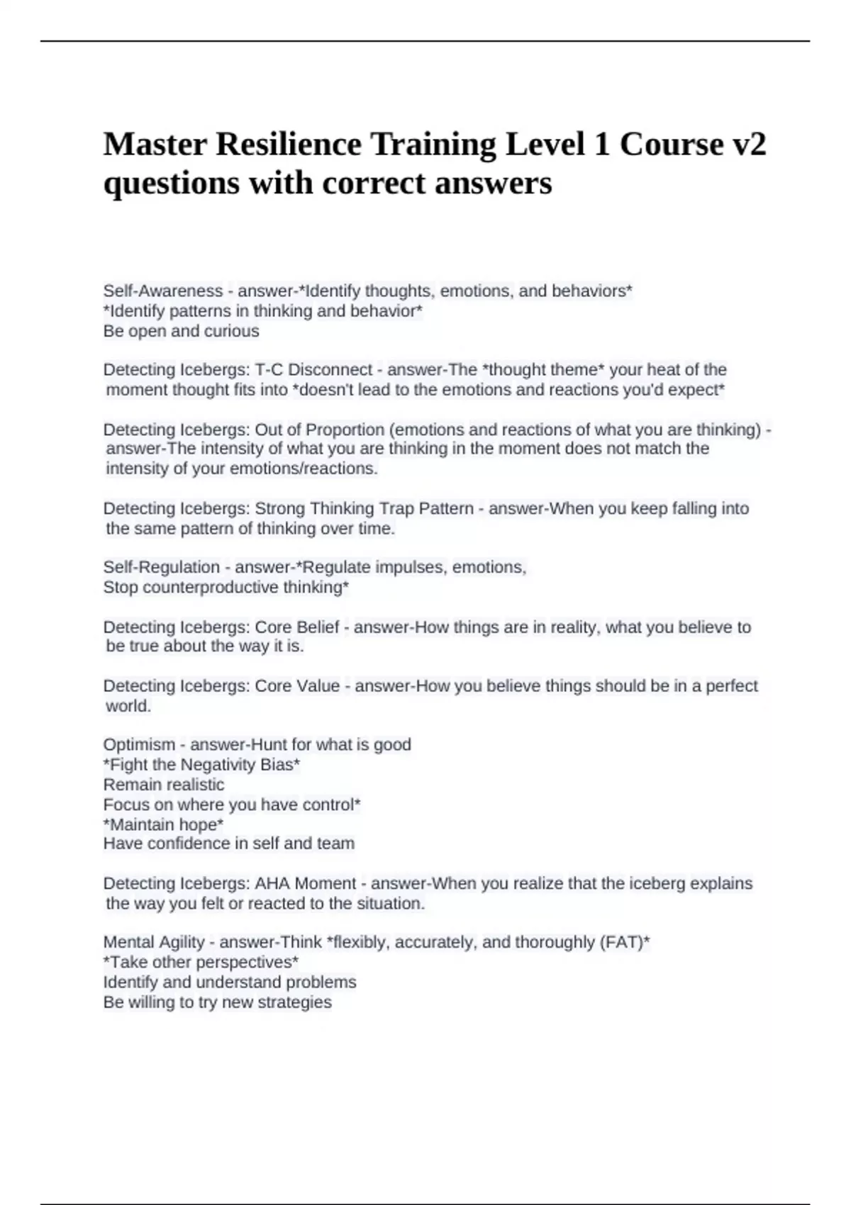 Master Resilience Training Level 1 Course v2 questions with correct ...