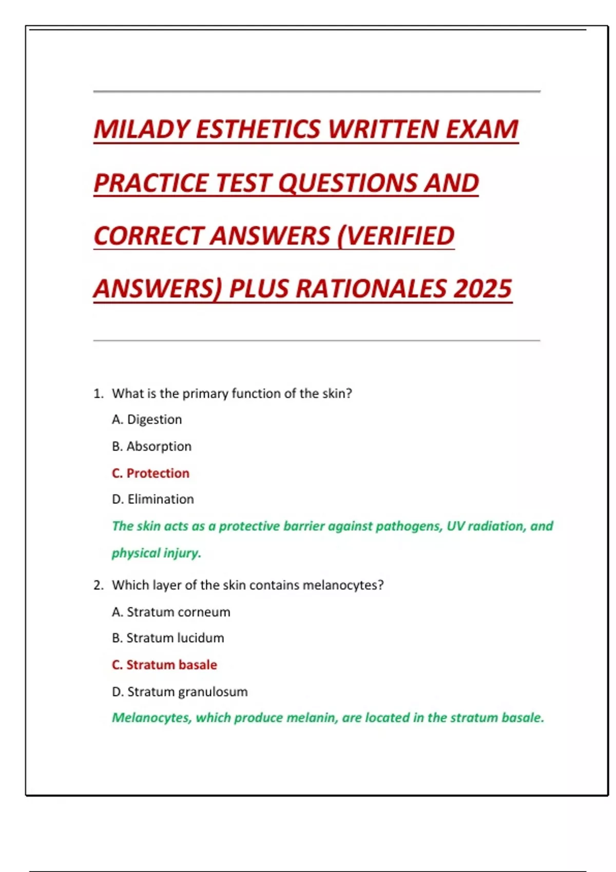 MILADY ESTHETICS WRITTEN EXAM PRACTICE TEST QUESTIONS AND CORRECT ...
