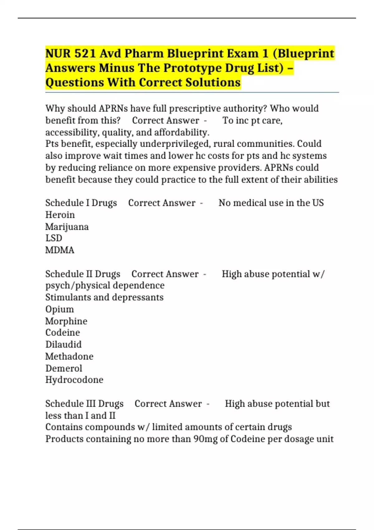 NUR 521 Avd Pharm Blueprint Exam 1 (Blueprint Answers Minus The ...