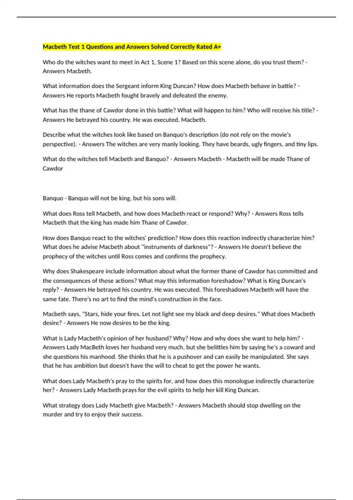 Macbeth Test 1 Questions and Answers Solved Correctly Rated A+ ...