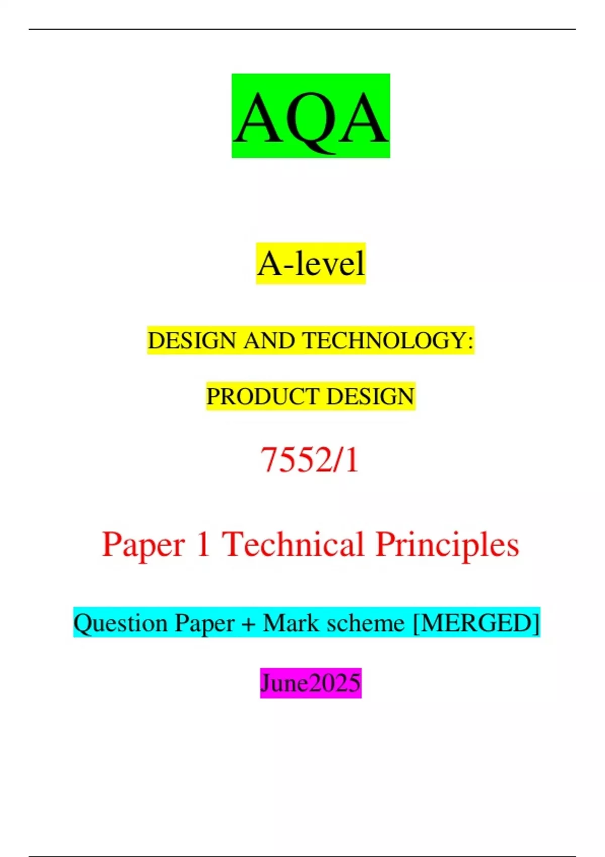 AQA A-level DESIGN AND TECHNOLOGY PRODUCT DESIGN 7552/1 Paper 1 ...