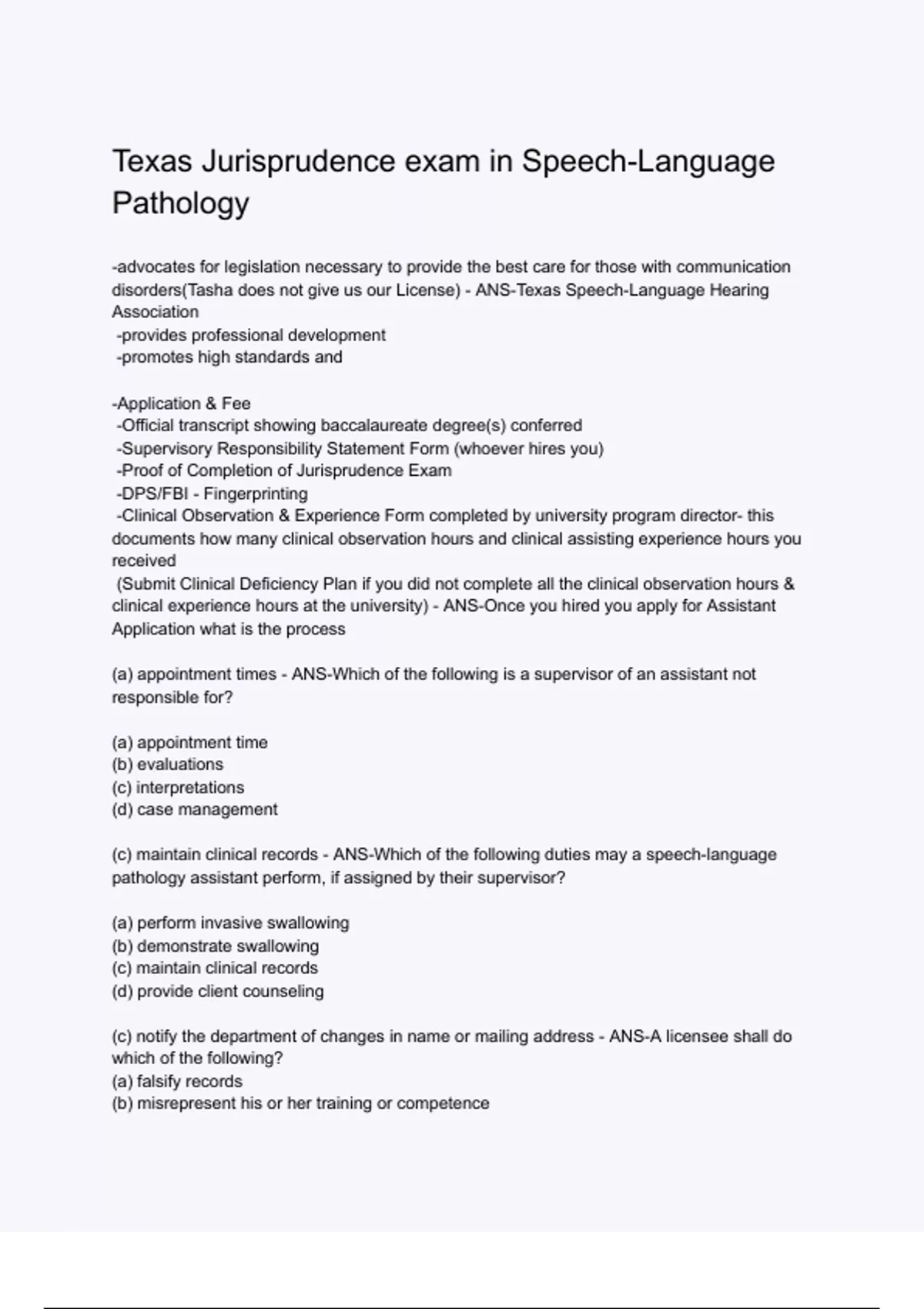 TEXAS JURISPRUDENCE EXAM IN SPEECH-LANGUAGE PATHOLOGY / STUDY GUIDE ...