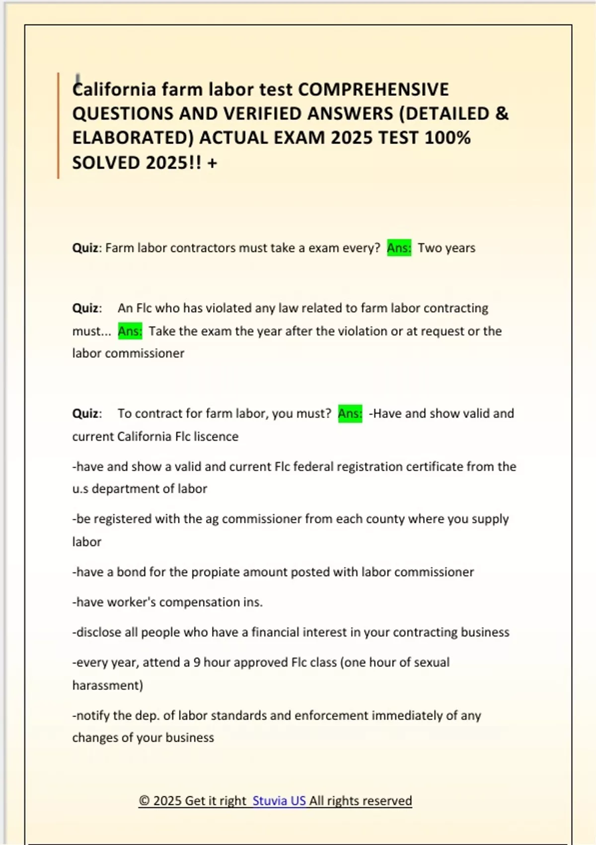 California farm labor test COMPREHENSIVE QUESTIONS AND VERIFIED ANSWERS ...