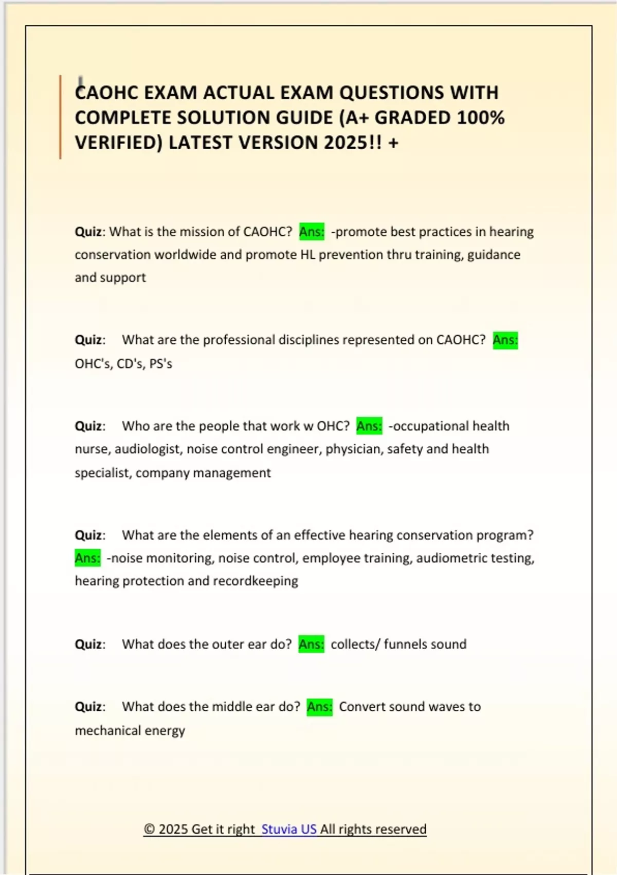 CAOHC EXAM ACTUAL EXAM QUESTIONS WITH COMPLETE SOLUTION GUIDE (A+ ...