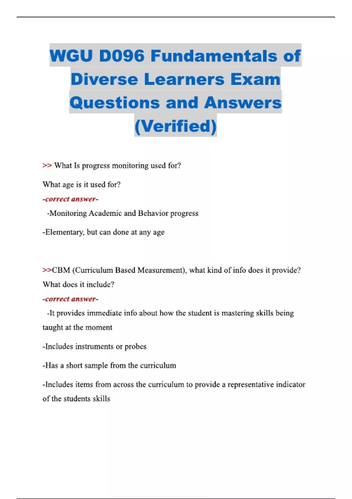 WGU D096 Fundamentals of Diverse Learners Exam Questions and Answers (Verified) () - WGU D096 ...