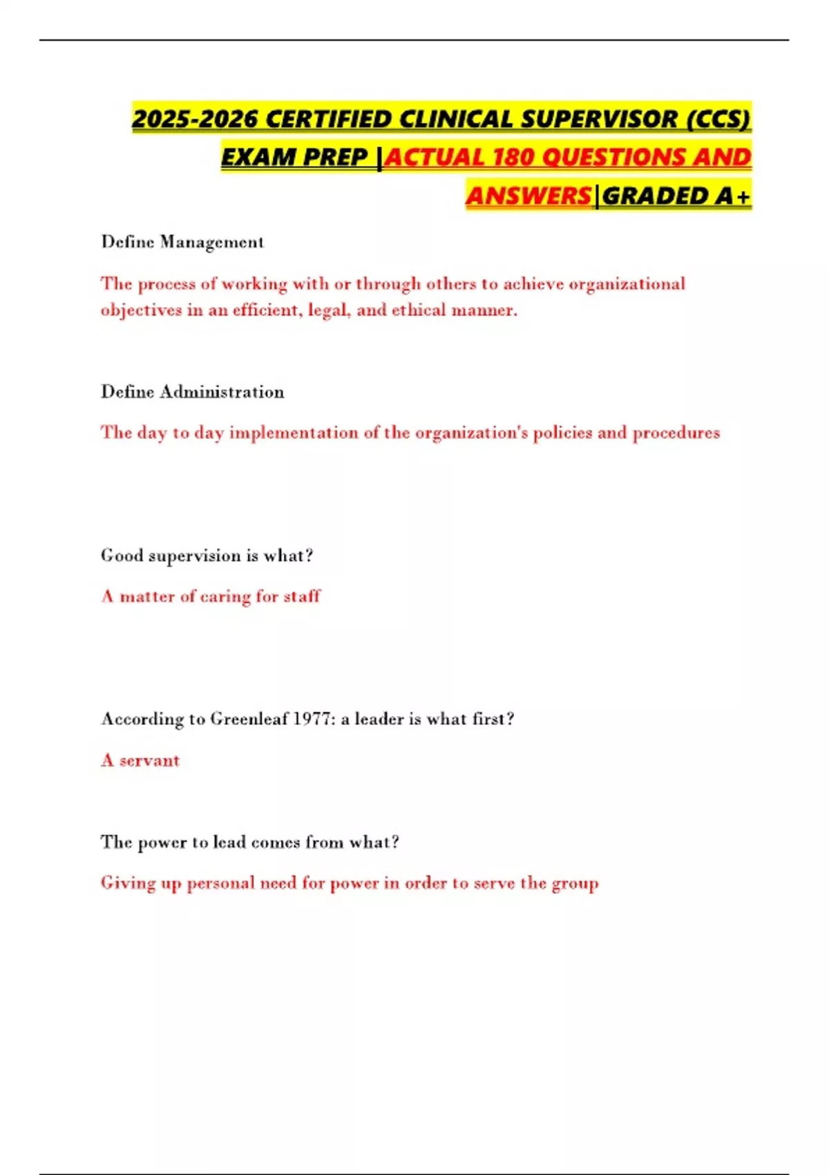 CERTIFIED CLINICAL SUPERVISOR (CCS) EXAM PREP |ACTUAL 180 QUESTIONS AND ...