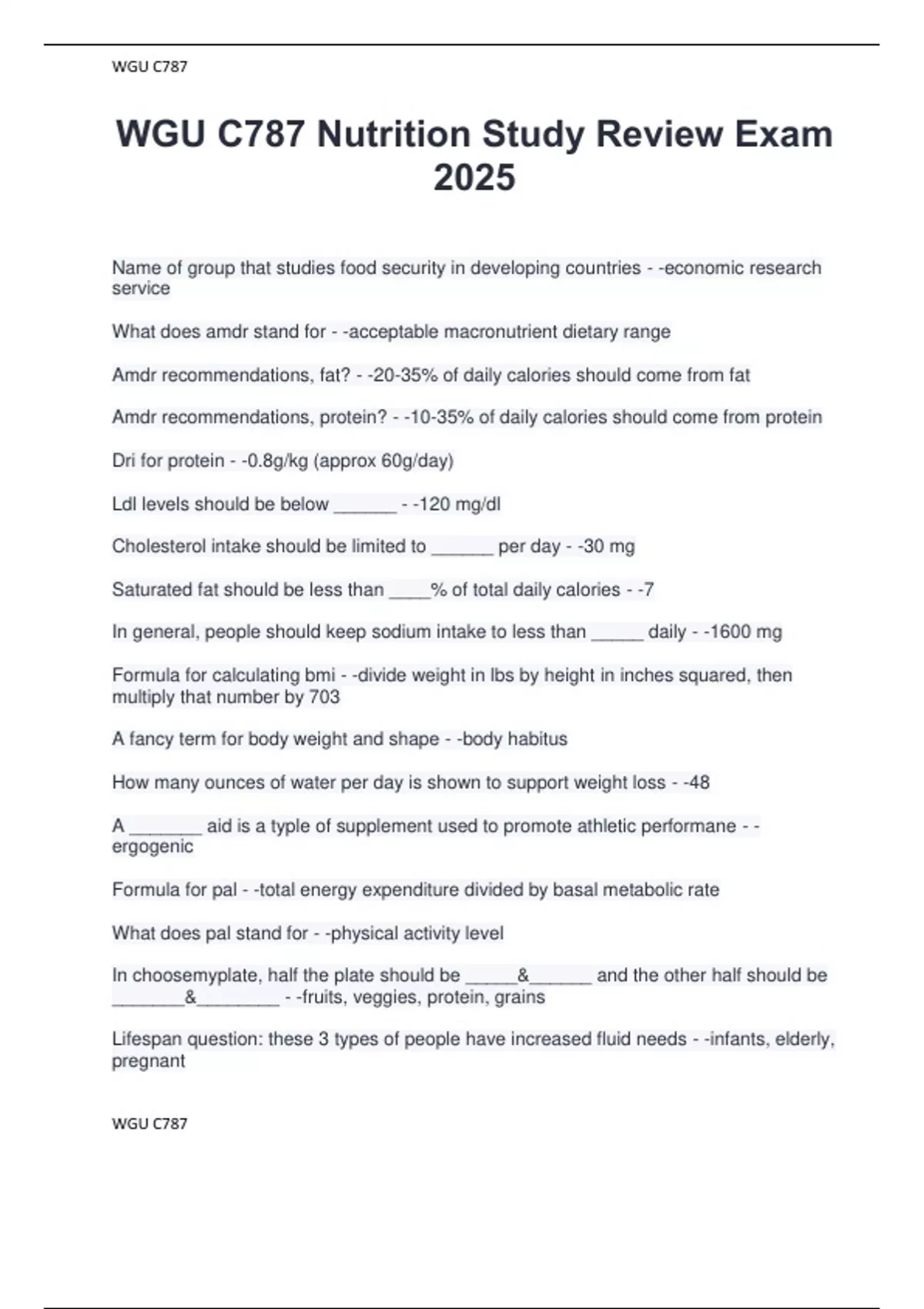 WGU C787 Nutrition Study Review Exam 2025 - WGU C787 NUTRITION - Stuvia US