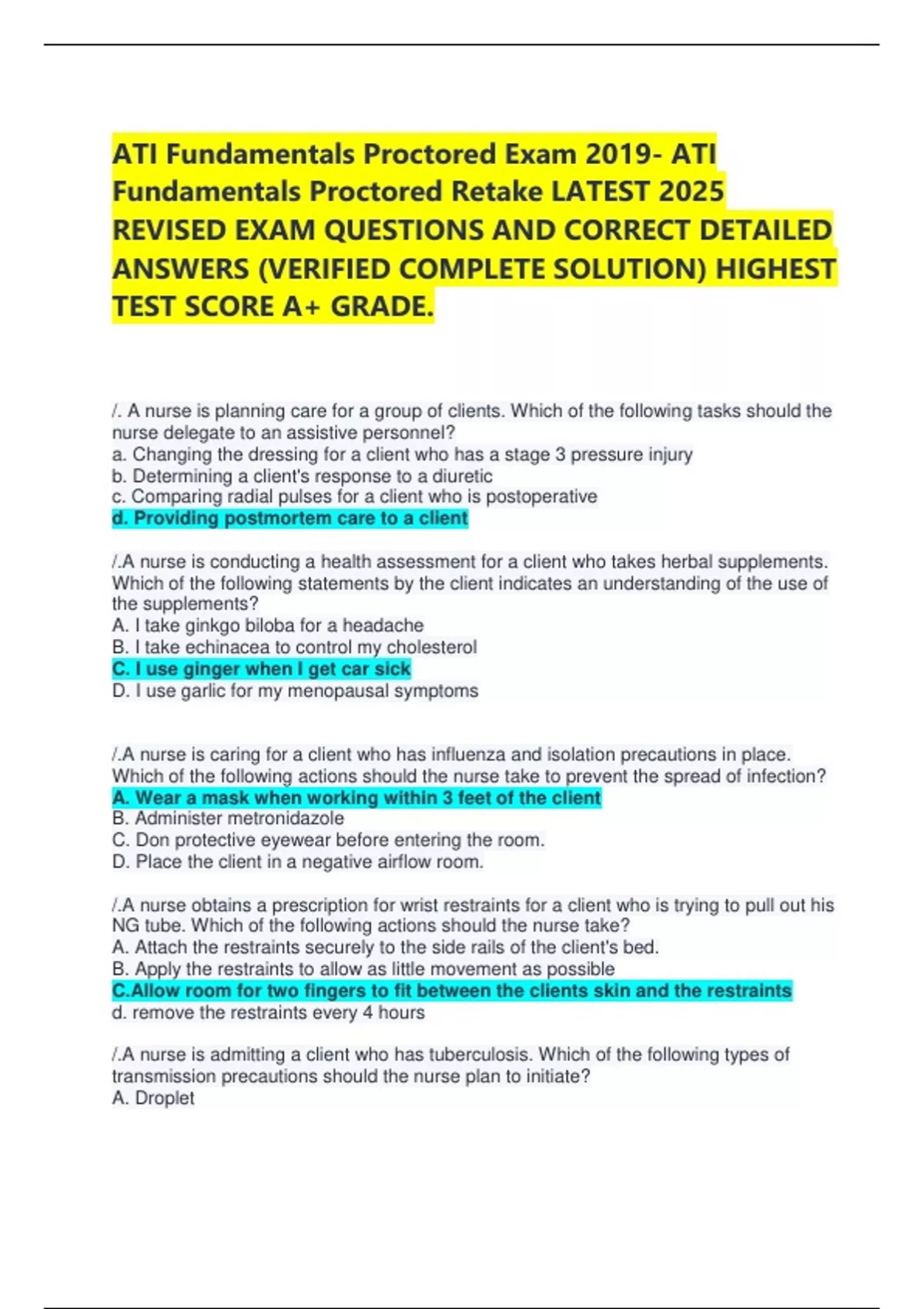 ATI Fundamentals Proctored Exam 2019- ATI Fundamentals Proctored Retake ...