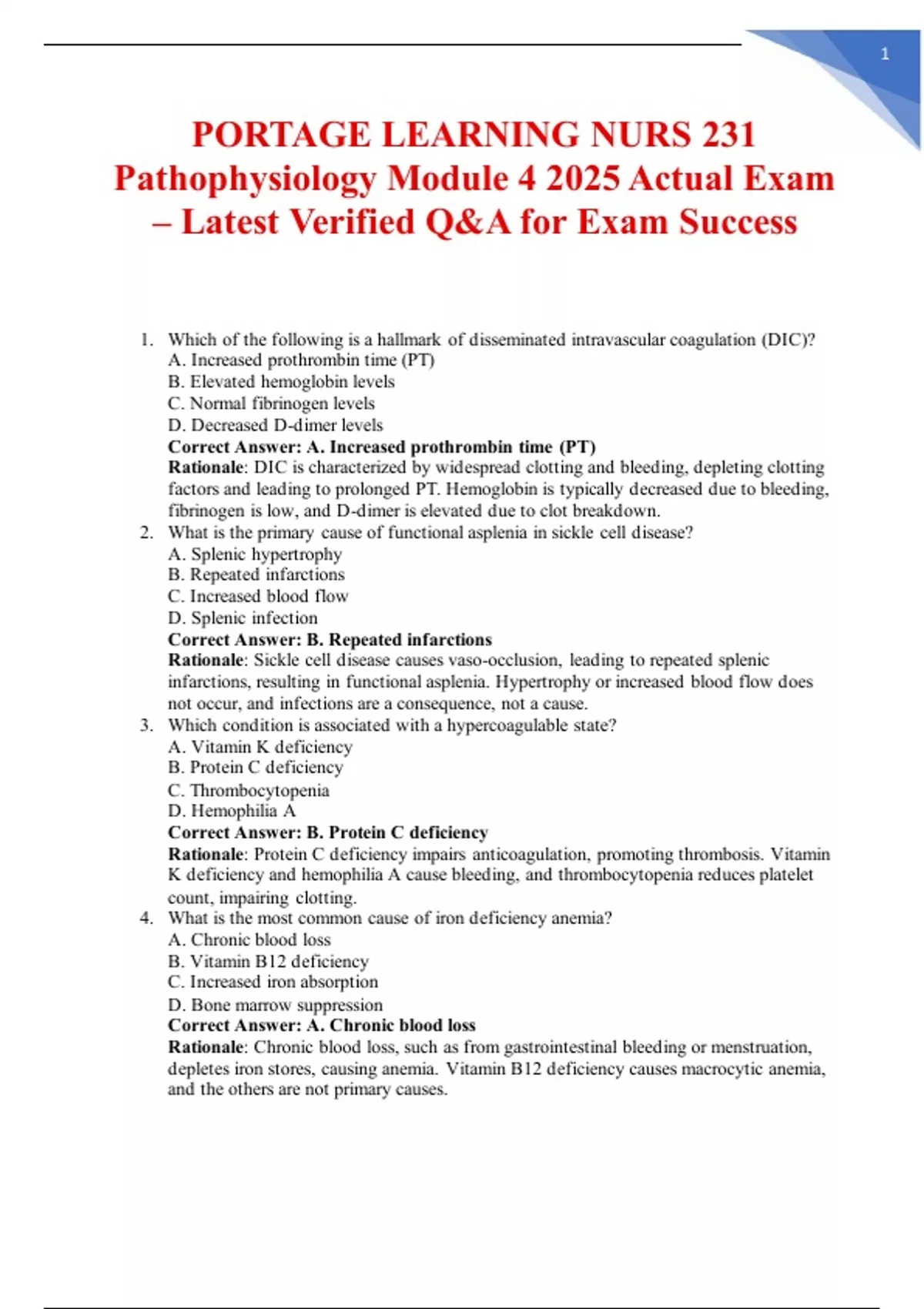 PORTAGE LEARNING NURS 231 Pathophysiology Module 4 2025 Actual Exam ...