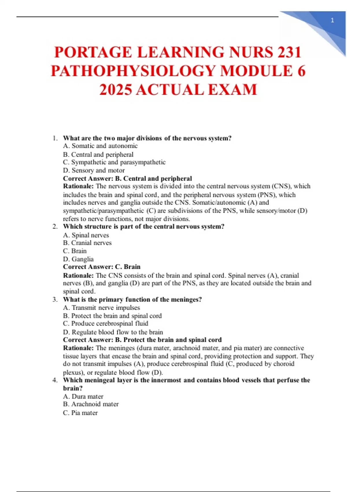 PORTAGE LEARNING NURS 231 Pathophysiology Module 6 2025 Actual Exam ...