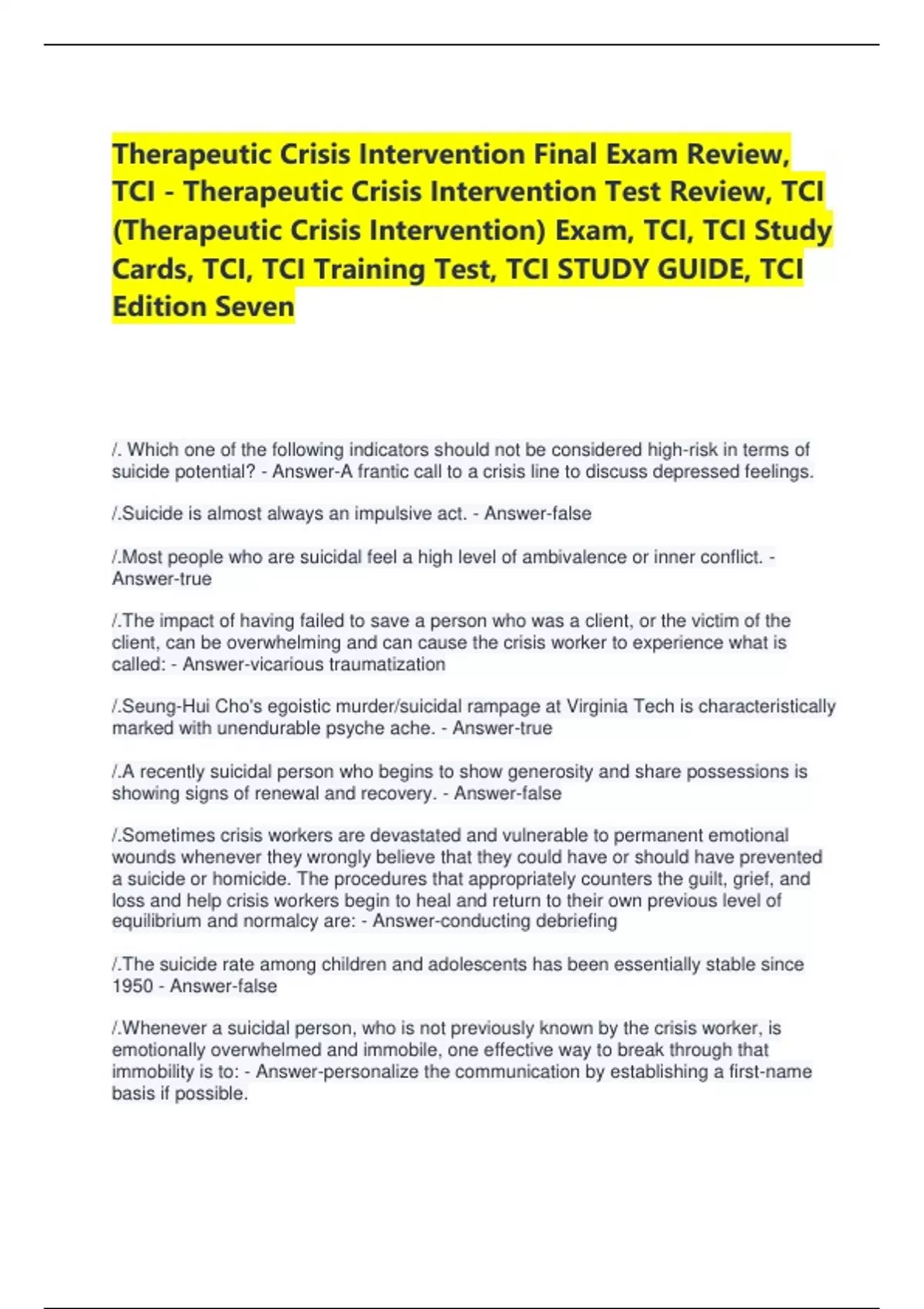 Therapeutic Crisis Intervention Final Exam Review, TCI - Therapeutic ...