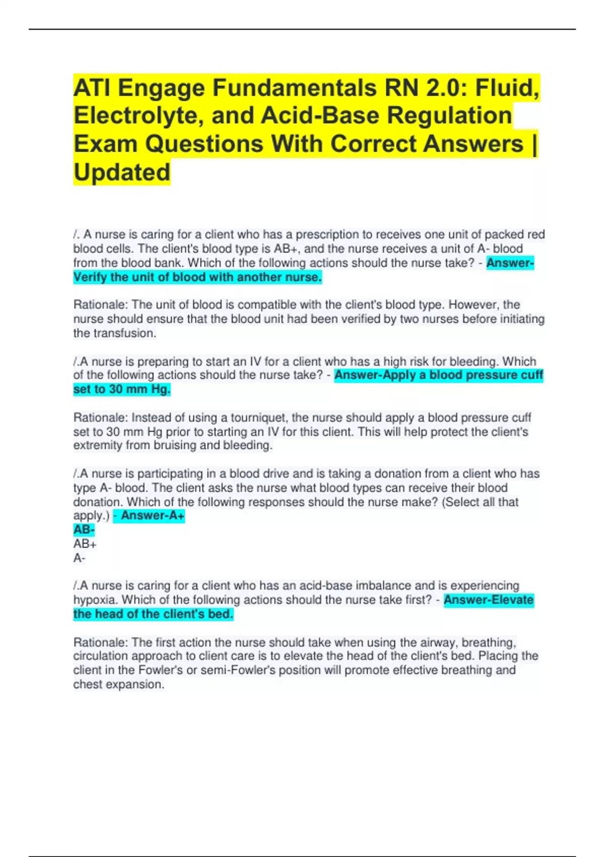 ATI Engage Fundamentals RN 2.0: Fluid, Electrolyte, and Acid-Base ...