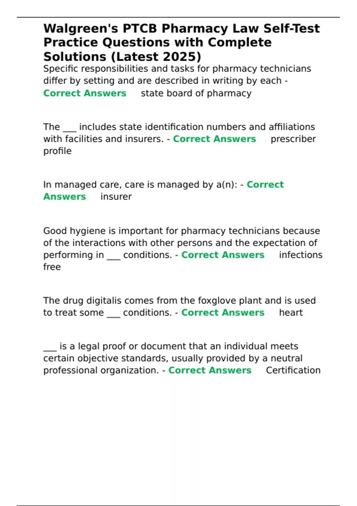 Walgreen-s PTCB Pharmacy Law Self-Test Practice Questions with Complete ...