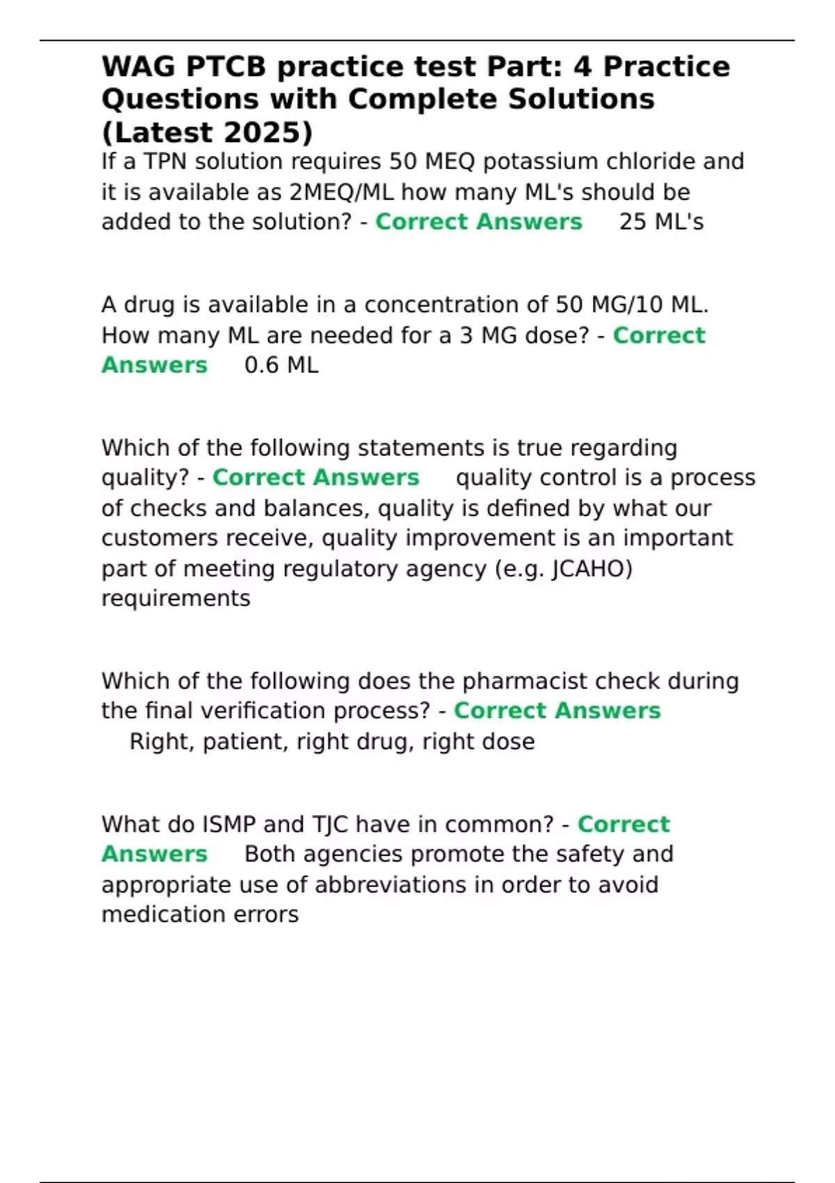 WAG PTCB practice test Part 4 Practice Questions with Complete ...
