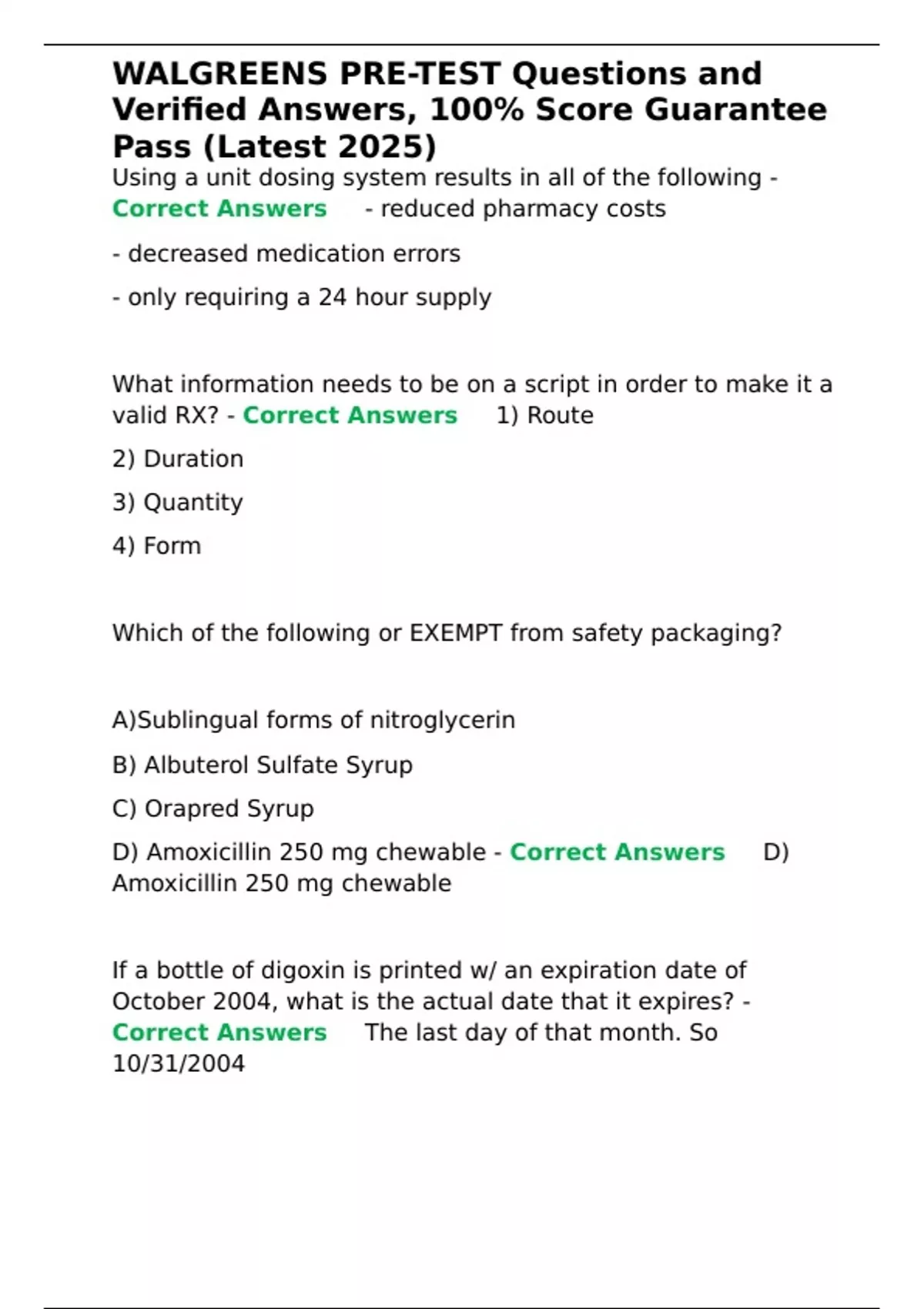 WALGREENS PRE-TEST Questions and Verified Answers, 100- Score Guarantee ...