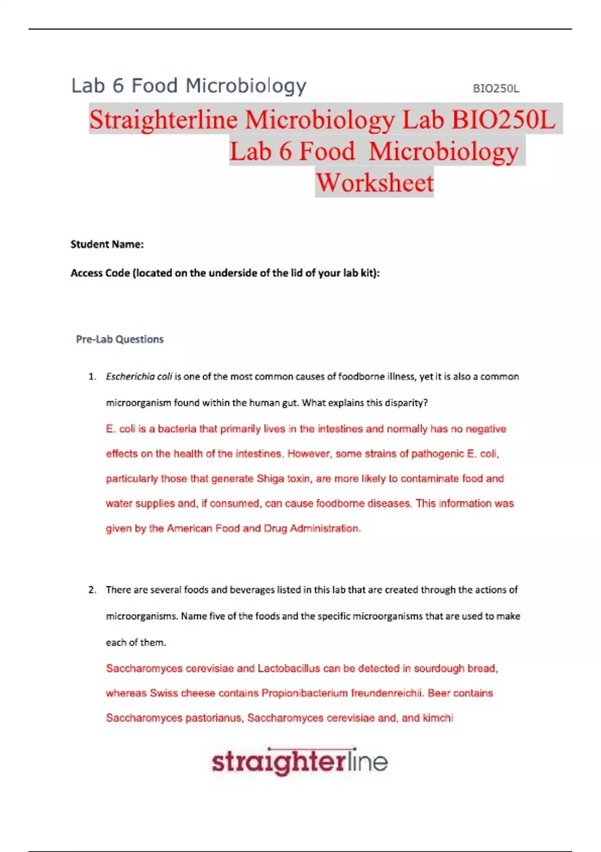 Straighterline Microbiology Lab BIO250L Lab 6 Food Microbiology ...