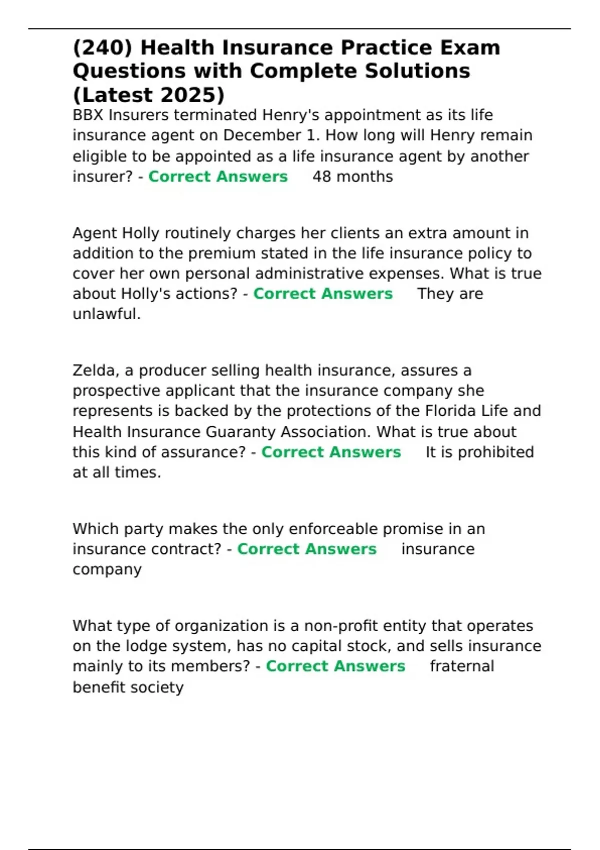 (240) Health Insurance Practice Exam Questions with Complete Solutions ...