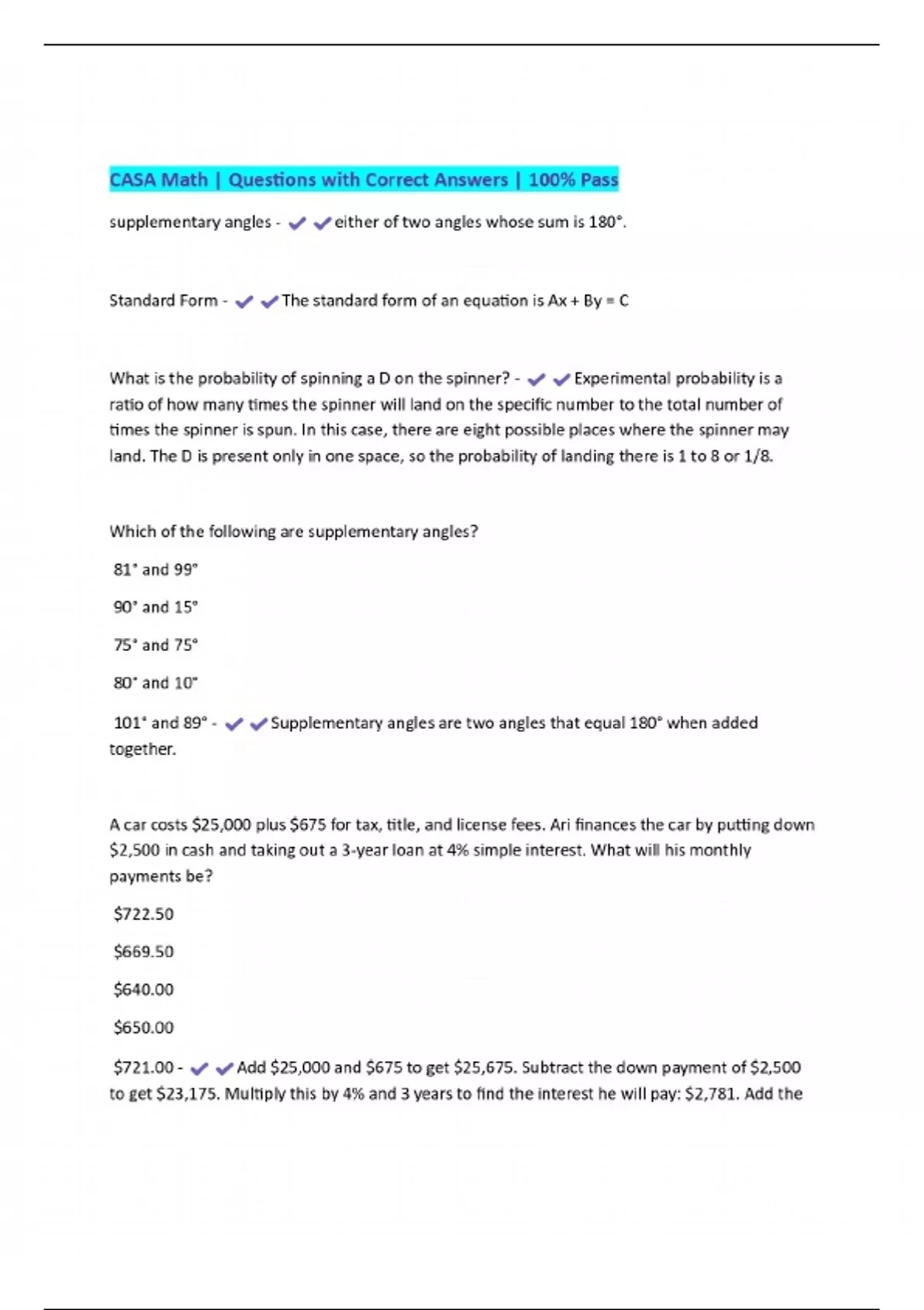 CASA Math | Questions with Correct Answers | 100% Pass - CASA Math ...