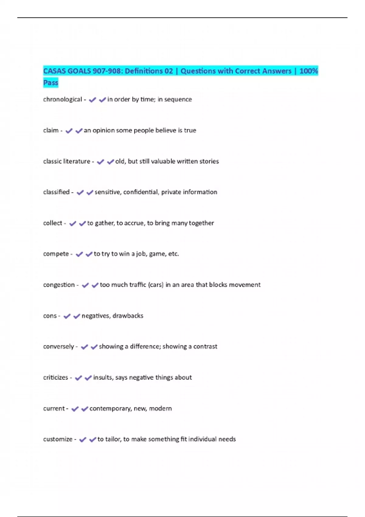 CASAS GOALS 907-908: Definitions 02 | Questions with Correct Answers ...