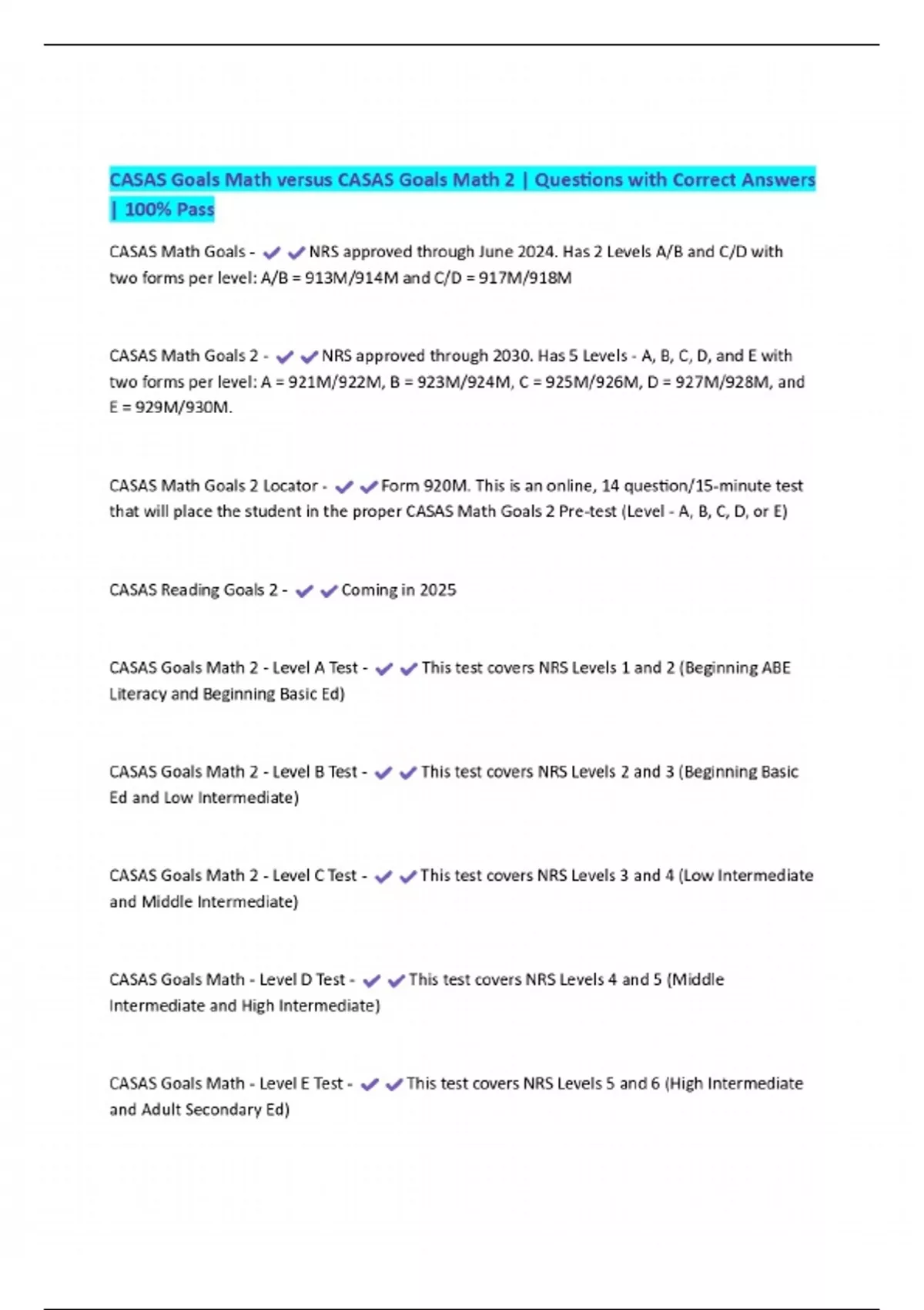 CASAS Goals Math versus CASAS Goals Math 2 | Questions with Correct ...