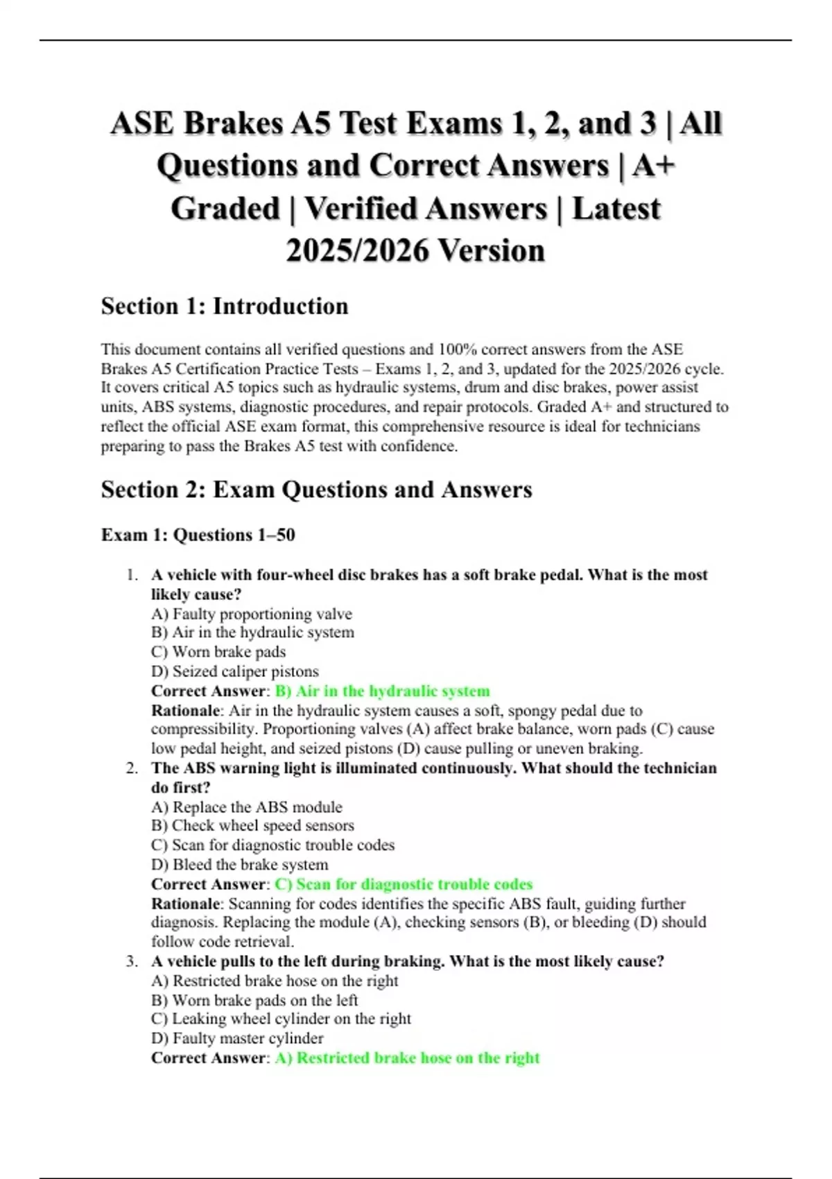ASE Brakes A5 Test Exams 1, 2, and 3 | All Questions and Correct ...