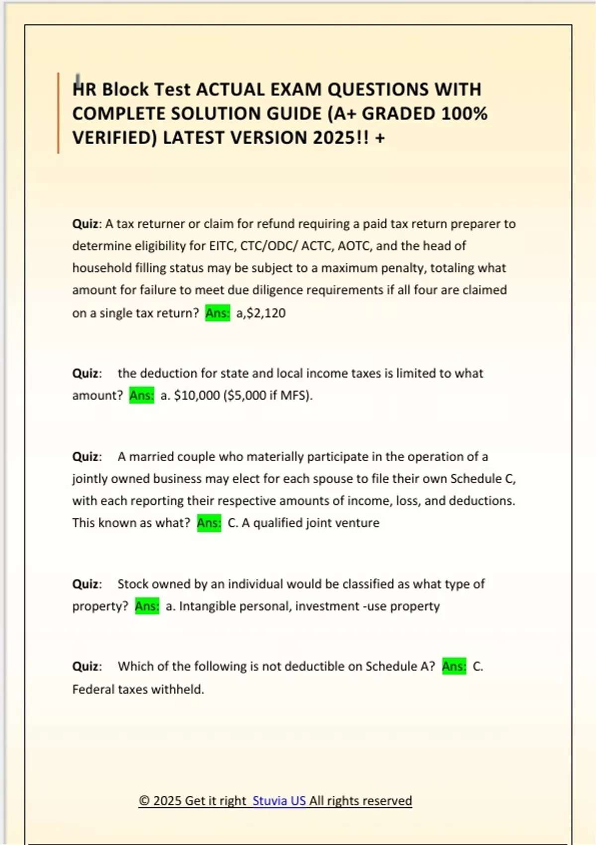 HR Block Test ACTUAL EXAM QUESTIONS WITH COMPLETE SOLUTION GUIDE (A+ ...