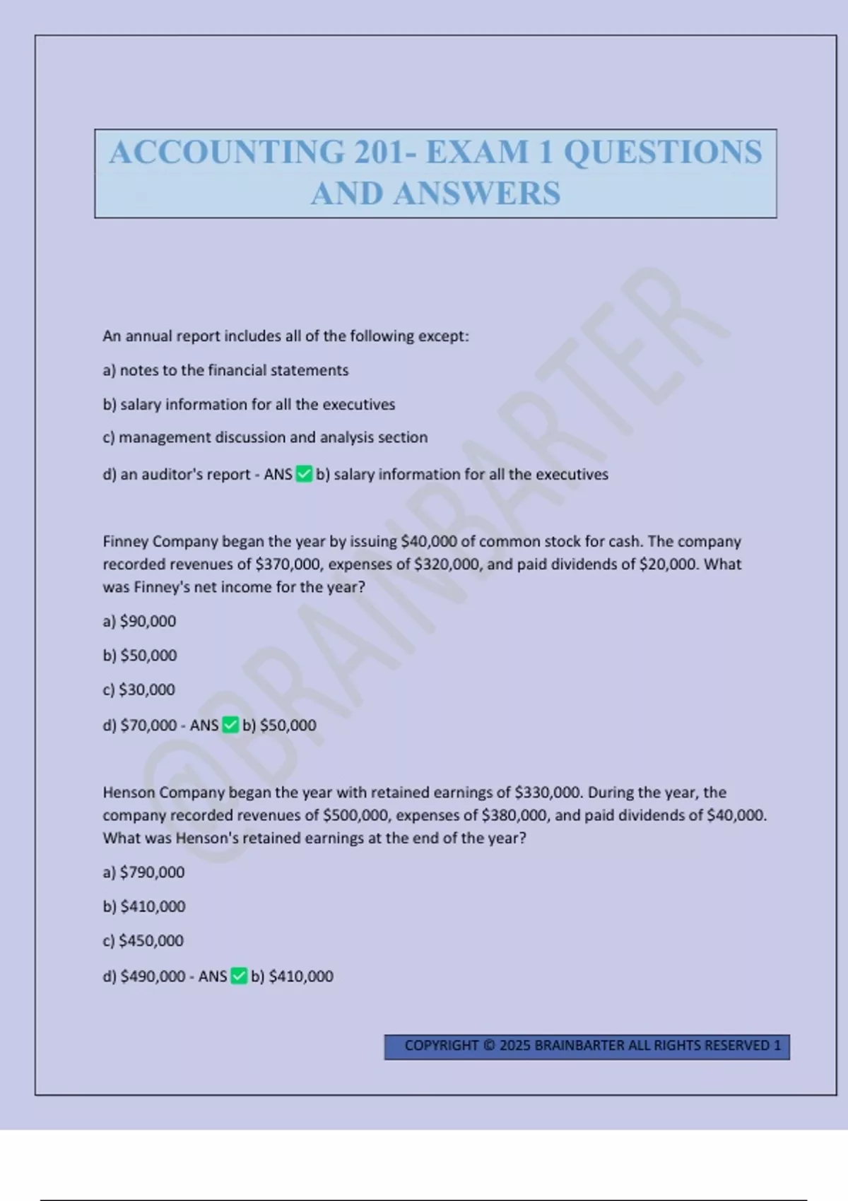 ACCOUNTING 201- EXAM 1 QUESTIONS AND ANSWERS - ACCY 201 - Stuvia US
