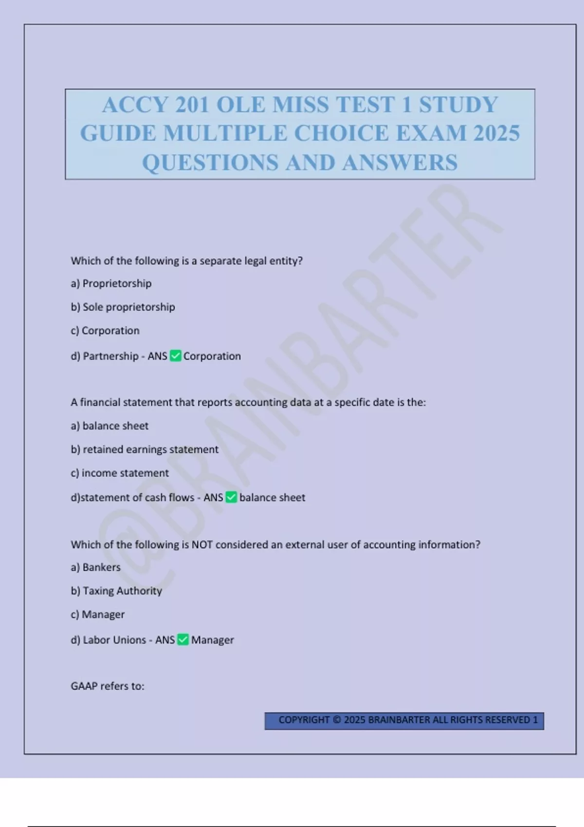 ACCY 201 OLE MISS TEST 1 STUDY GUIDE MULTIPLE CHOICE EXAM 2025 ...